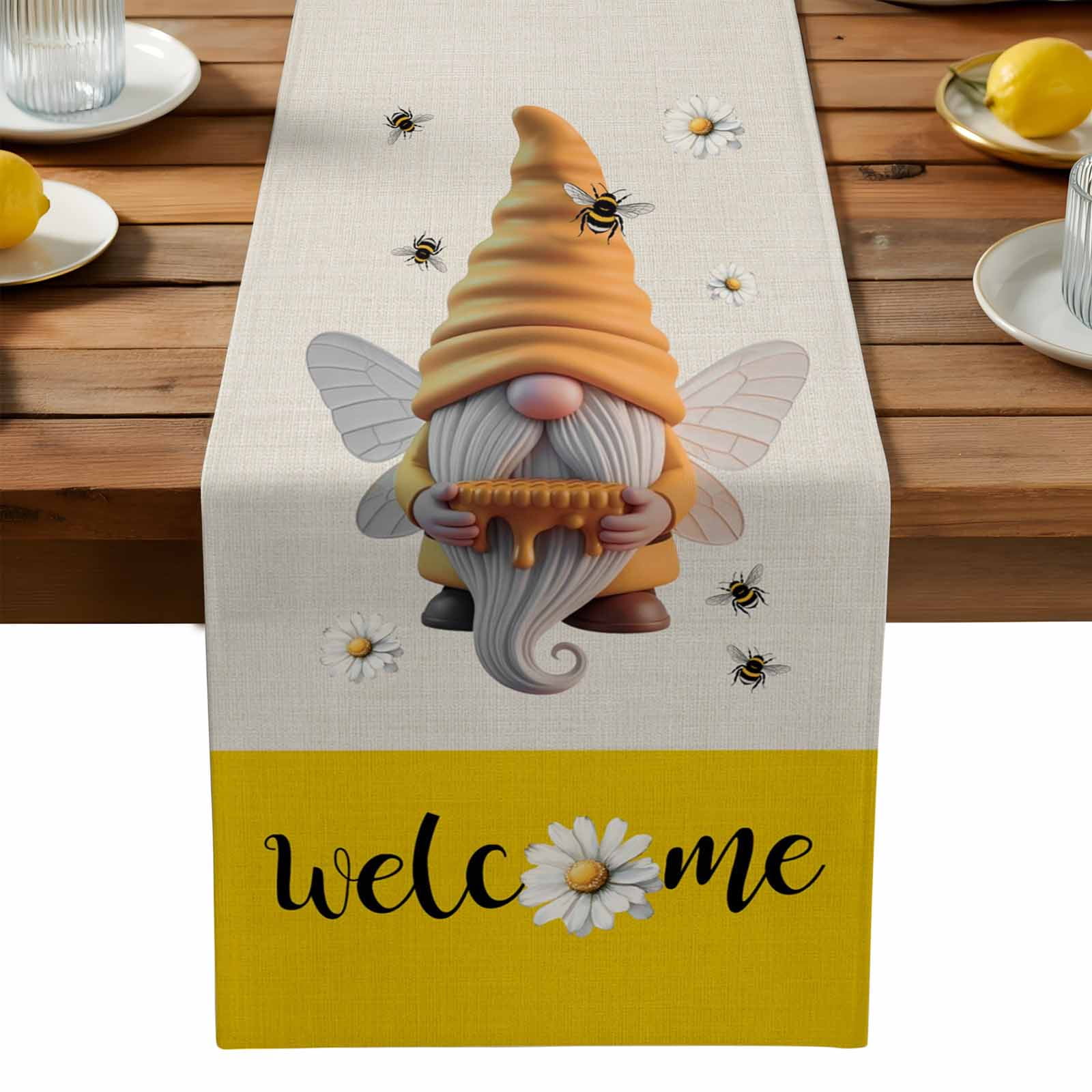 Honey Welcome Table Runner, Yellow Bee Gnome Wings Daisy Farmhouse ...