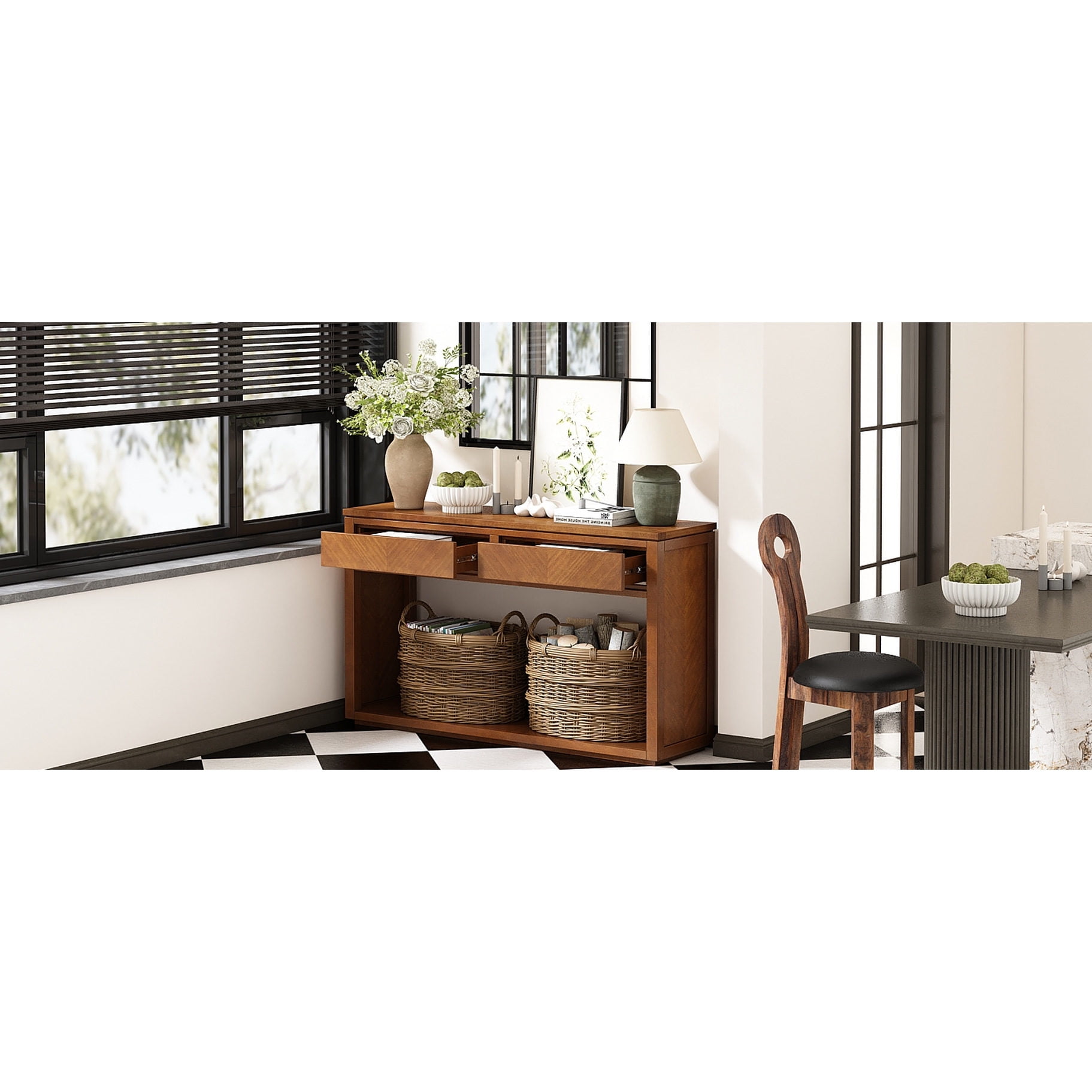 Honey-colored 55-inch Console Table with Chevron Design and Display ...