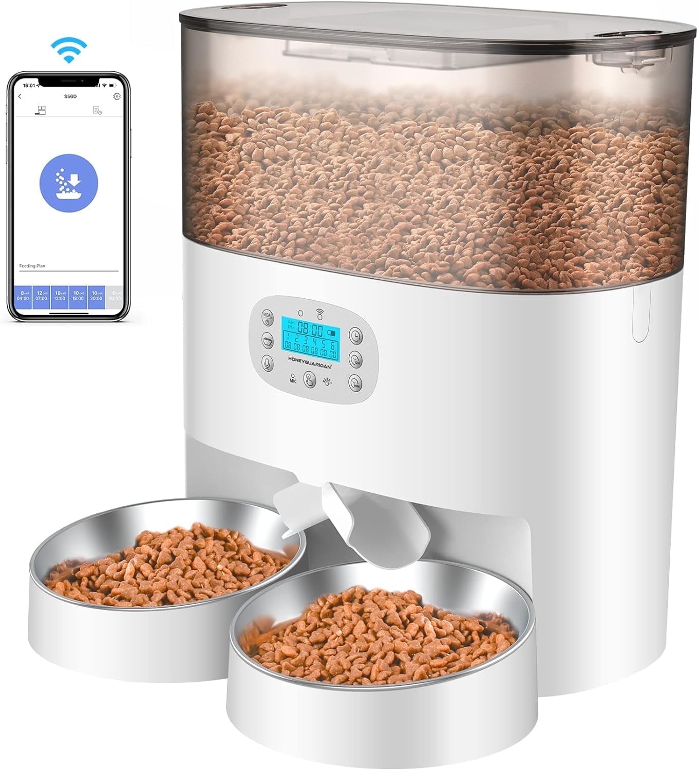 HoneyGuaridan 6L Automatic Cat Feeder for 2 Cats, 2.4G WiFi Enabled Smart Feed Automatic Pet ...