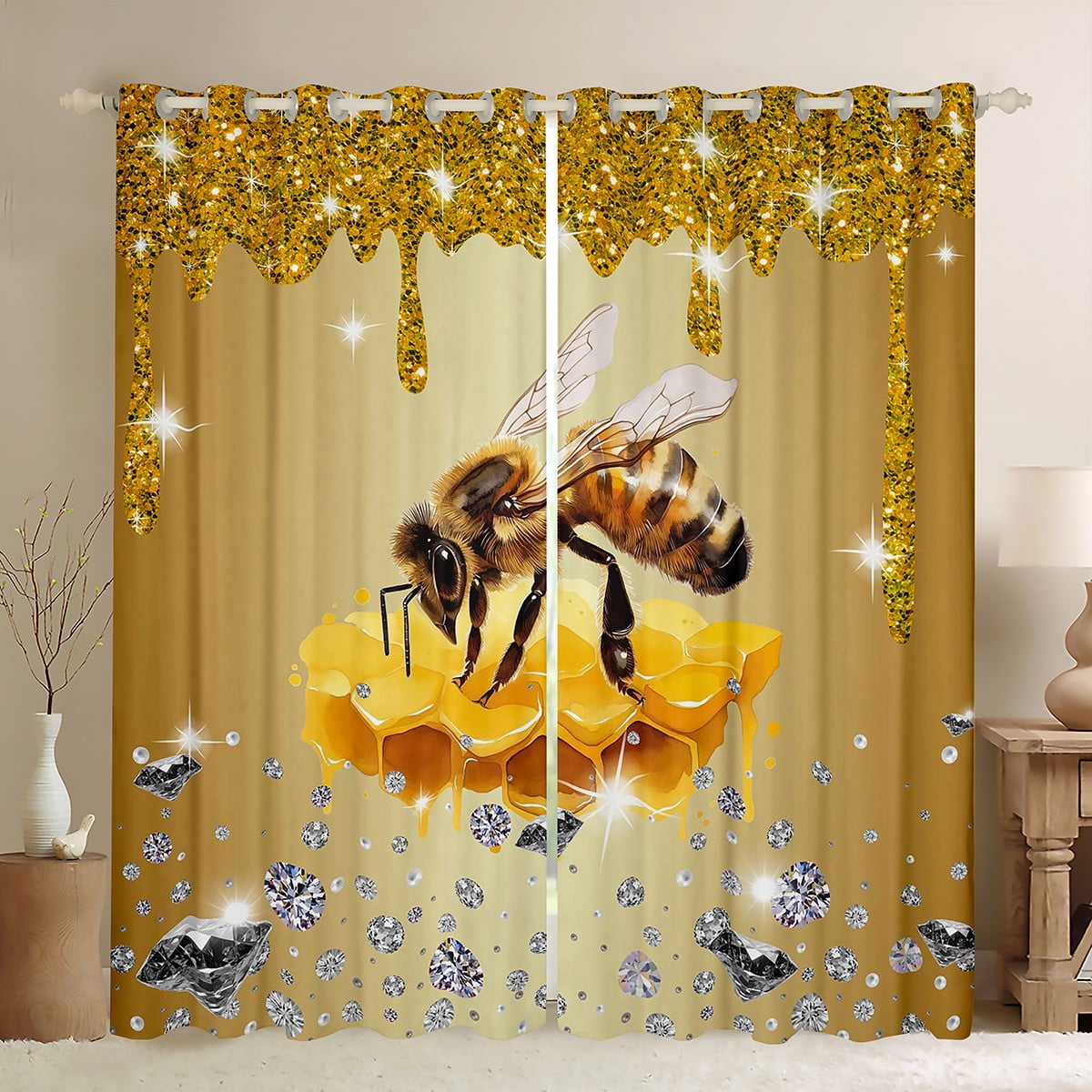 Honeybee 30%-50% Blackout Curtains Yellow Sequin Fluid Art Curtains Drapes,Crystal Diamond ...