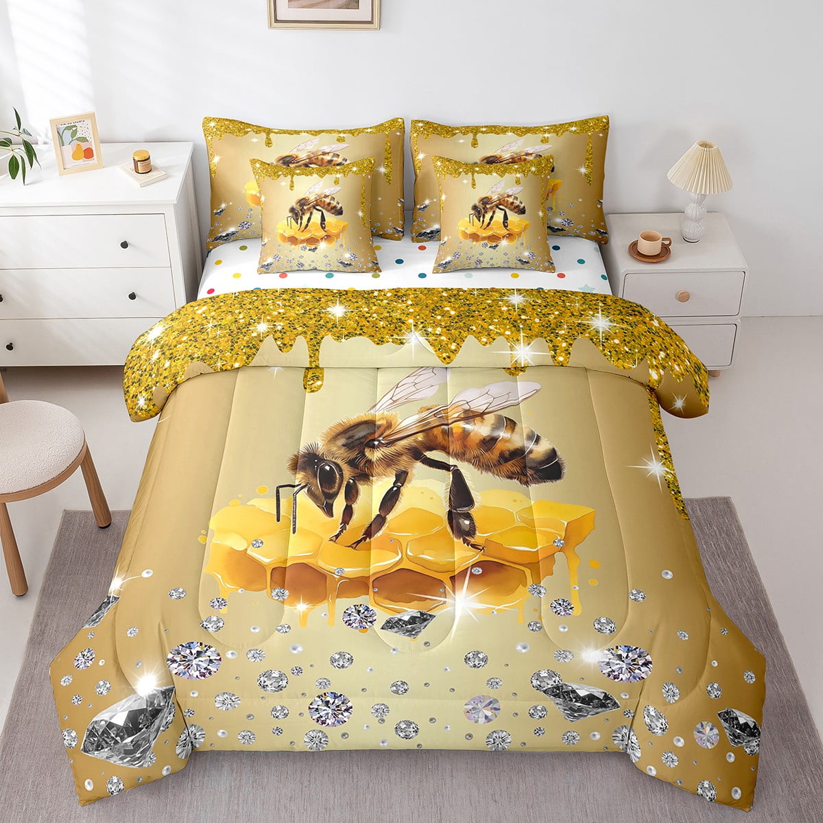 Honeybee Bed in a Bag King Size Comforter Set 7 Pieces,Yellow Sequin ...