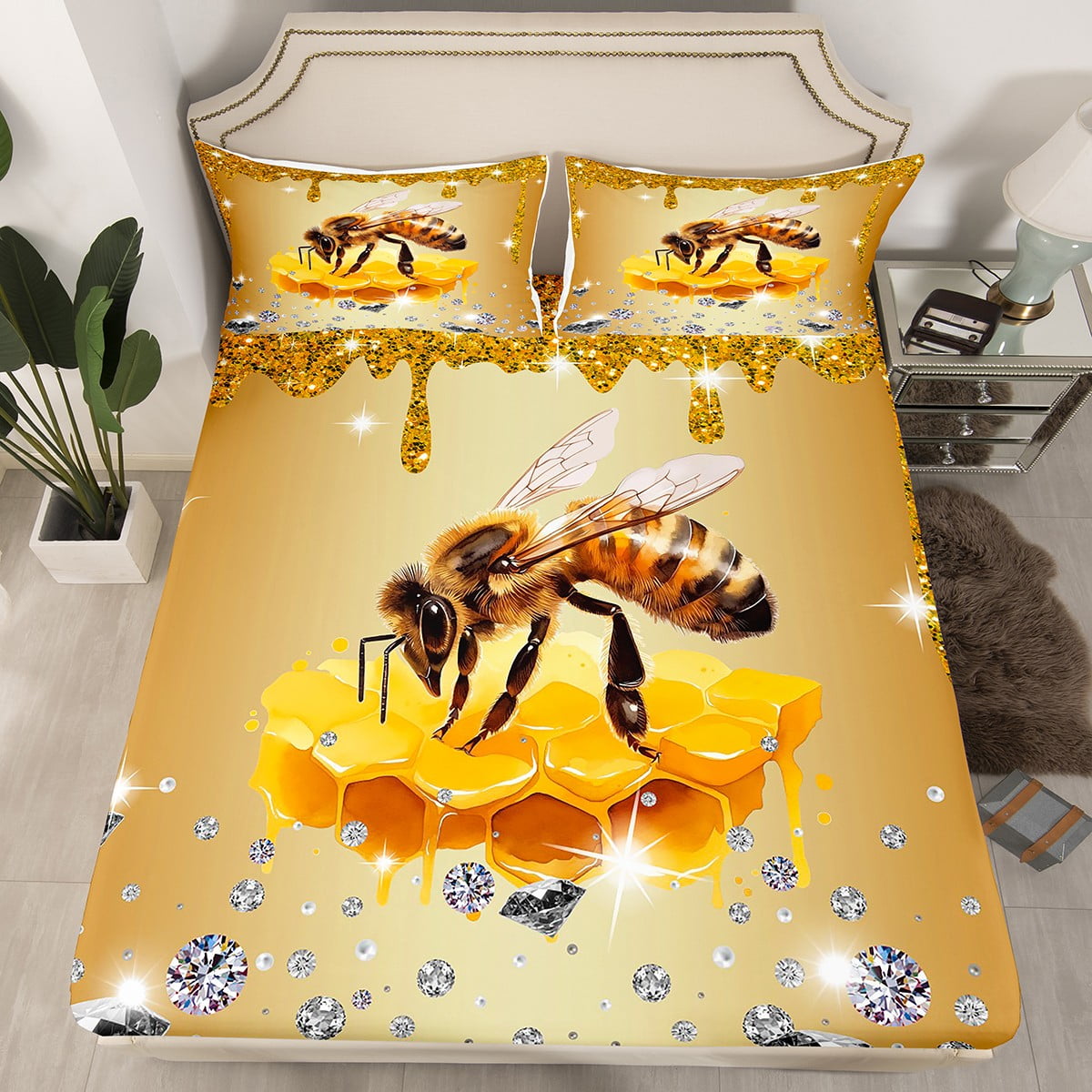 Honeybee Fitted Sheet Yellow Sequin Fluid Art Sheets,Crystal Diamond ...
