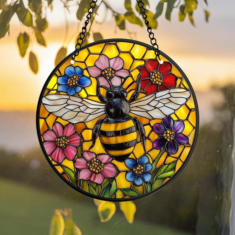 Honeybee Floral Window Hanging Suncatcher | Round Acrylic and Stained ...