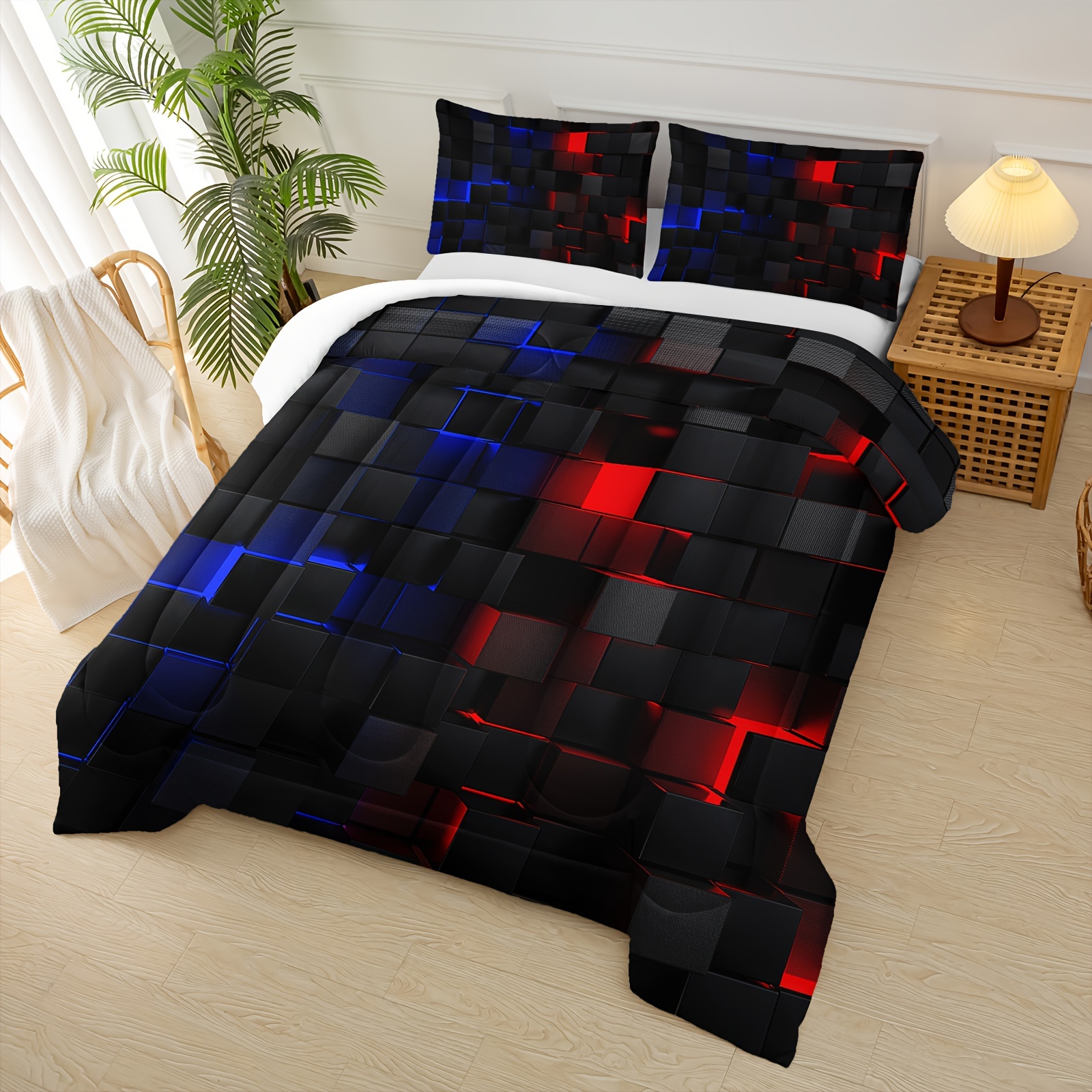 Honeycomb 3pcs Comforter Set, Geometric Blue Black Quilt Set, Modern ...