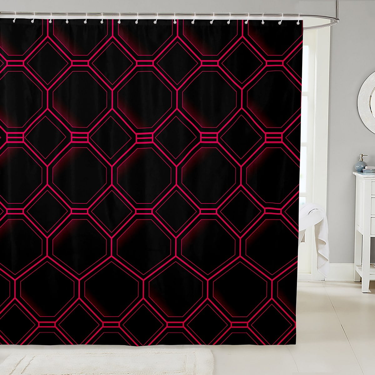 Honeycomb Bath Curtain 72"Wx78"L,3D Stereoscopic Black Magenta Hexagon Bathroom Shower Curtain ...