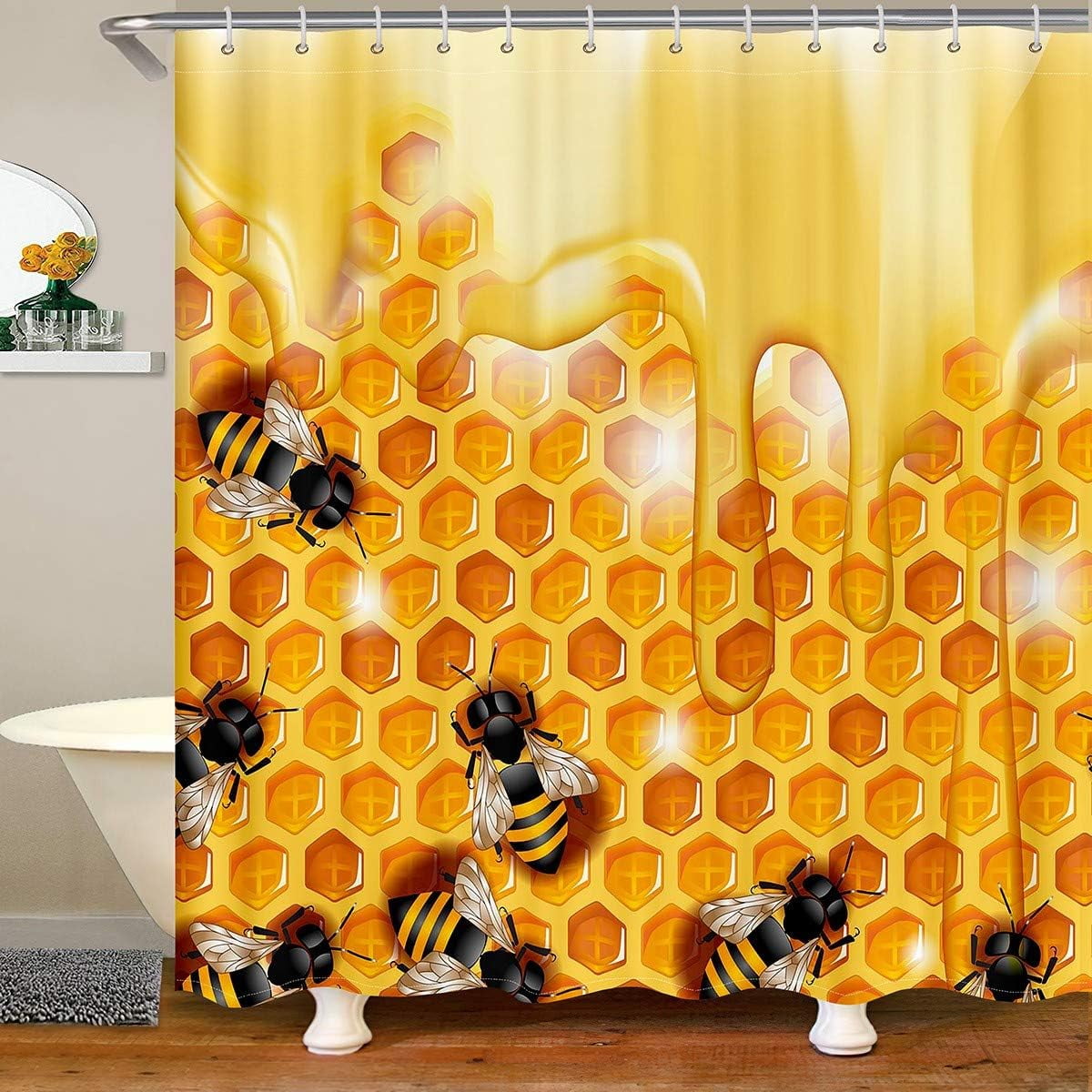Honeycomb Bathroom Shower Curtain Set Cute Bees Shower Curtain Beehive Hexagon Bath Curtain for ...
