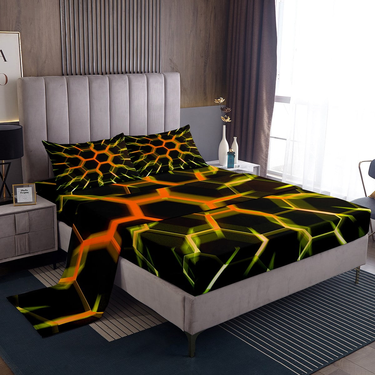 Honeycomb Bed Sheets Black Orange 3D Geometric Beehive Hexagon Sheet Set Queen Gamer Room Decor ...