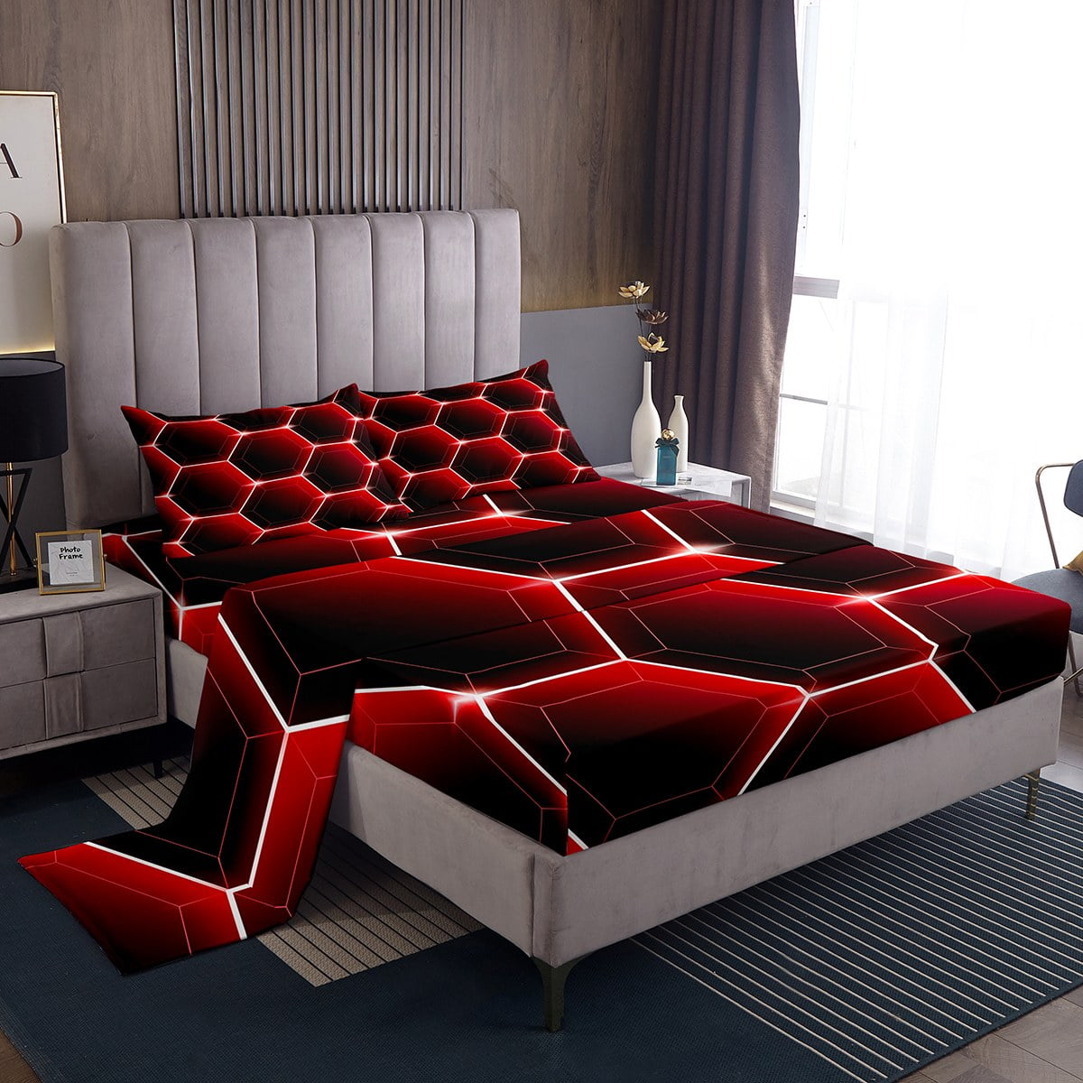 Honeycomb Bed Sheets Set Queen Size 3D Stereoscopic Black and Red Hexagon Sheet Set Geometric ...