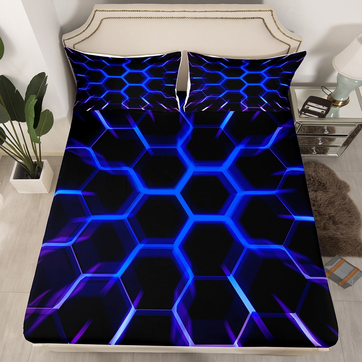 Honeycomb Bedding Set Black Blue Hexagon Geometrical Fitted Sheet,3D ...