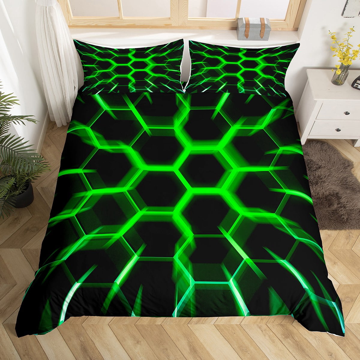 Honeycomb Bedding Set Black Green 3D Geometric Beehive Hexagon Duvet ...