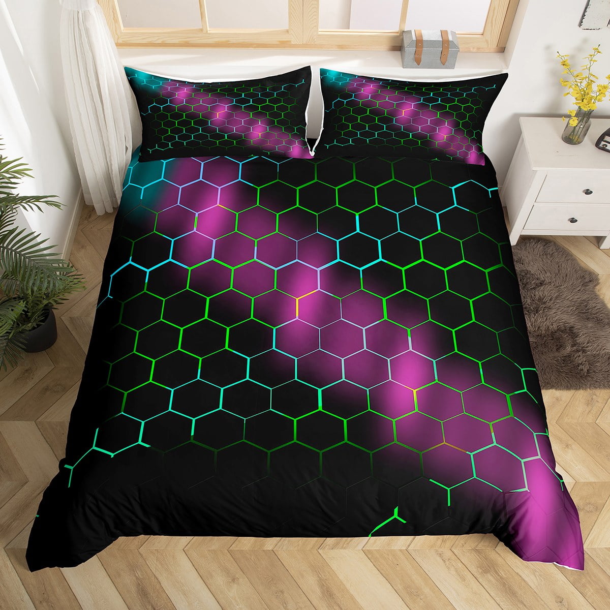Honeycomb Bedding Set Black Pink Geometric Hexagonal Print Gamer Duvet ...