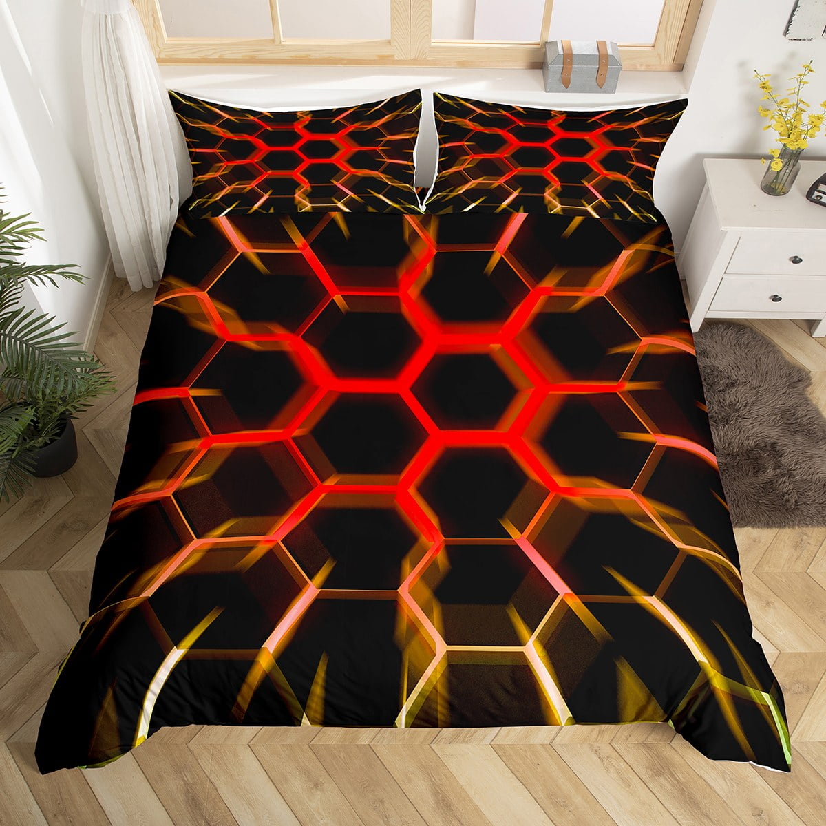 Honeycomb Bedding Set Black Red 3D Geometric Beehive Hexagon Duvet ...