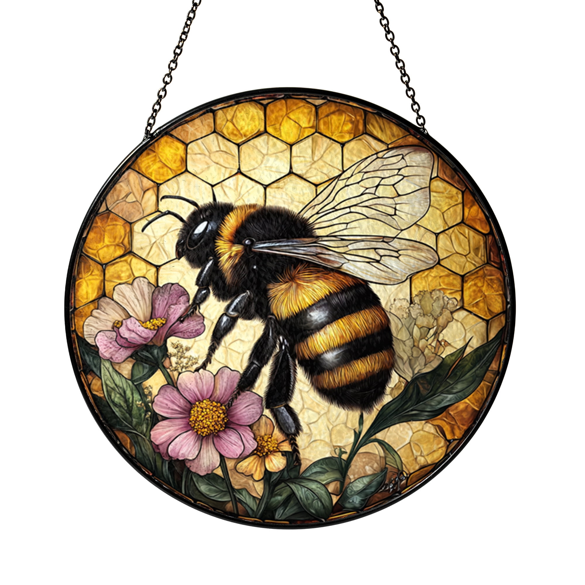 Honeycomb Bee Floral Stained Glass Style Window Hanging Suncatcher ...
