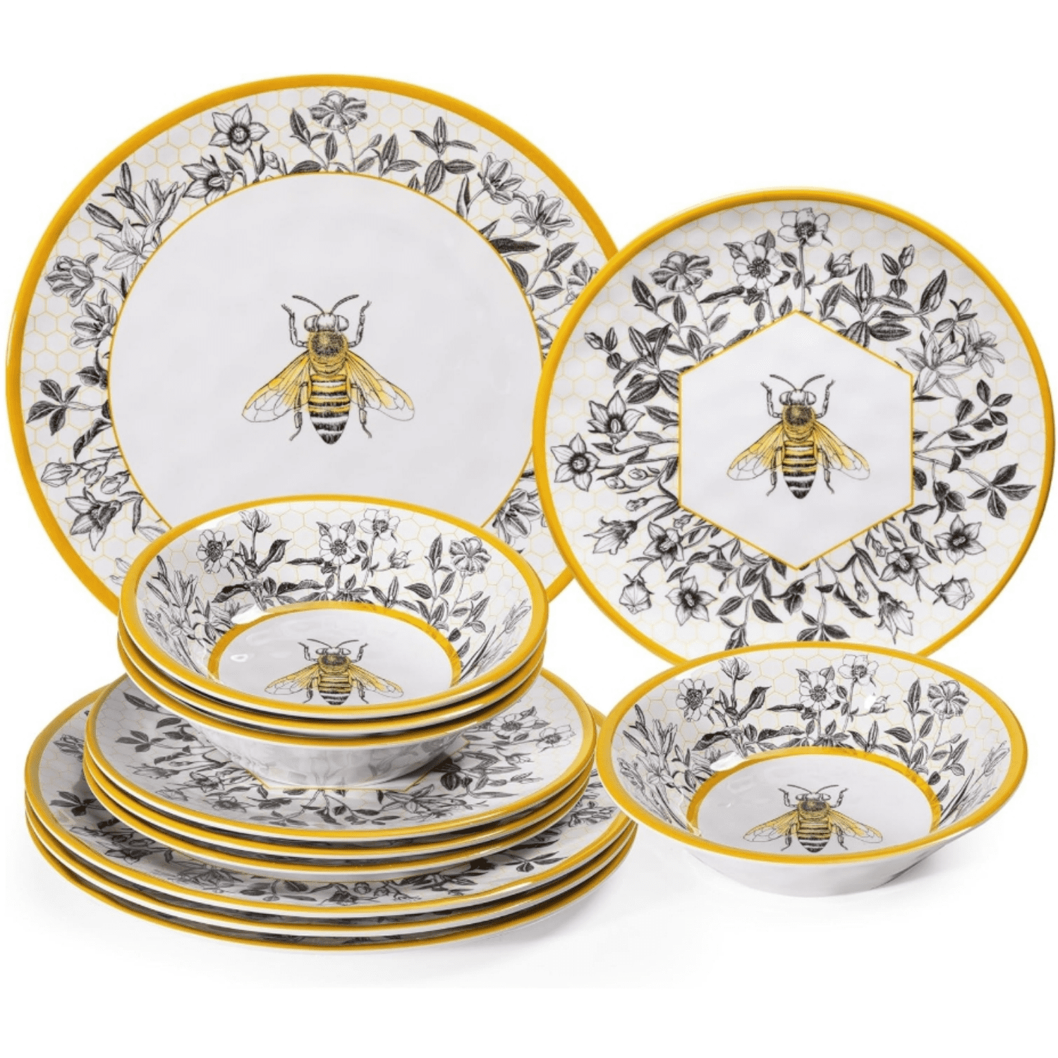 Honeycomb Bee Sweet 12-Piece Melamine Dinnerware Set,Melamine Dishes ...