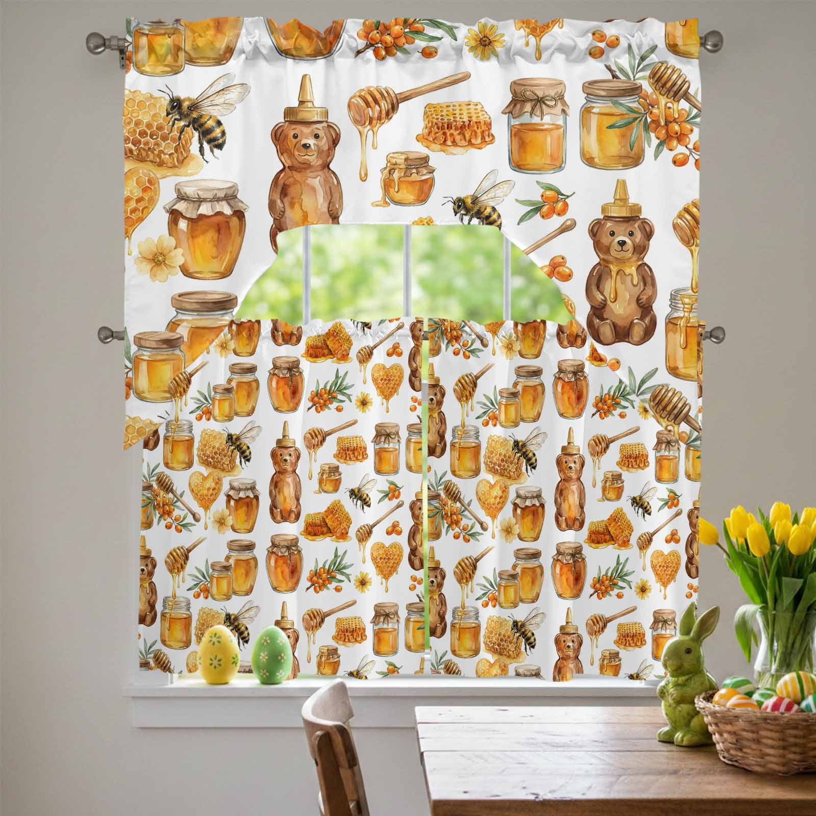 Honeycomb Bees Swag Curtains Valance & Tier Set, Yellow Bear Heart ...