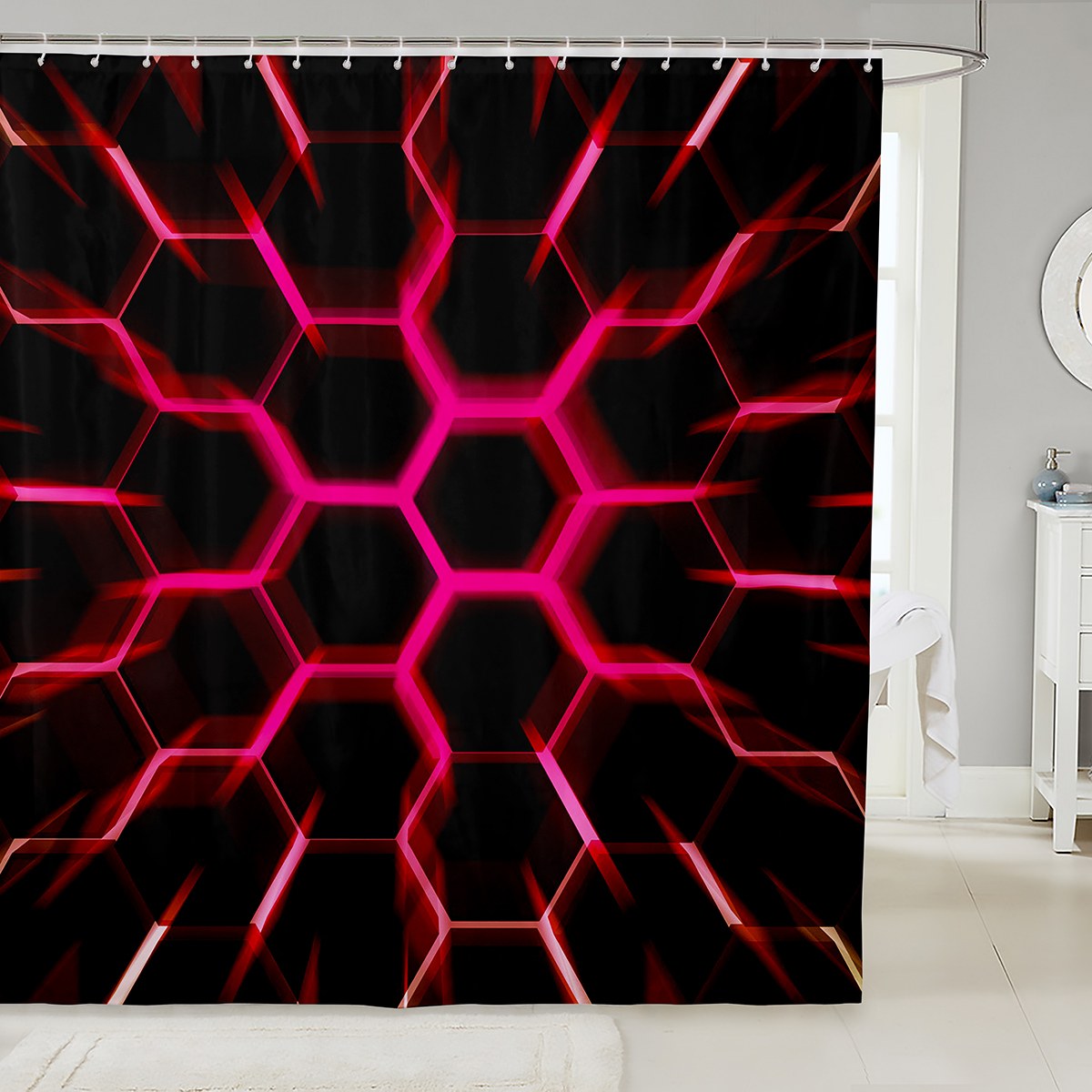 Honeycomb Black Pink Hexagon Geometrical Shower Curtain Set for Girls Kids Teen,3D Geometric ...