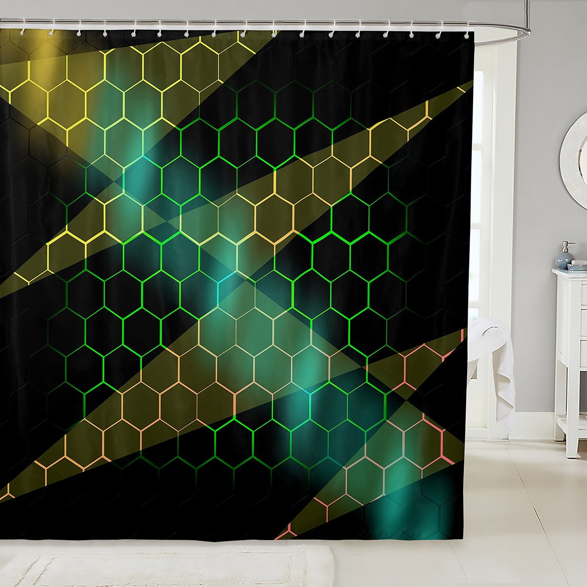 Honeycomb Black Teal Hexagon Geometrical Shower Curtain Set for Boys Kids Girls,3D Geometric ...