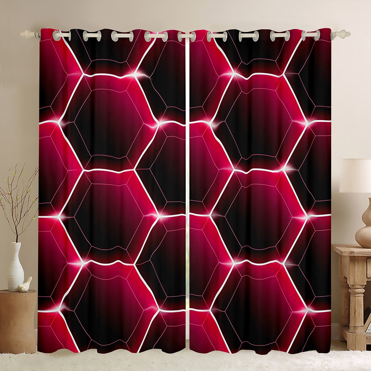 Honeycomb Blackout Curtains 2 Panels 38"Wx45"L 3D Stereoscopic Black and Magenta Hexagon ...
