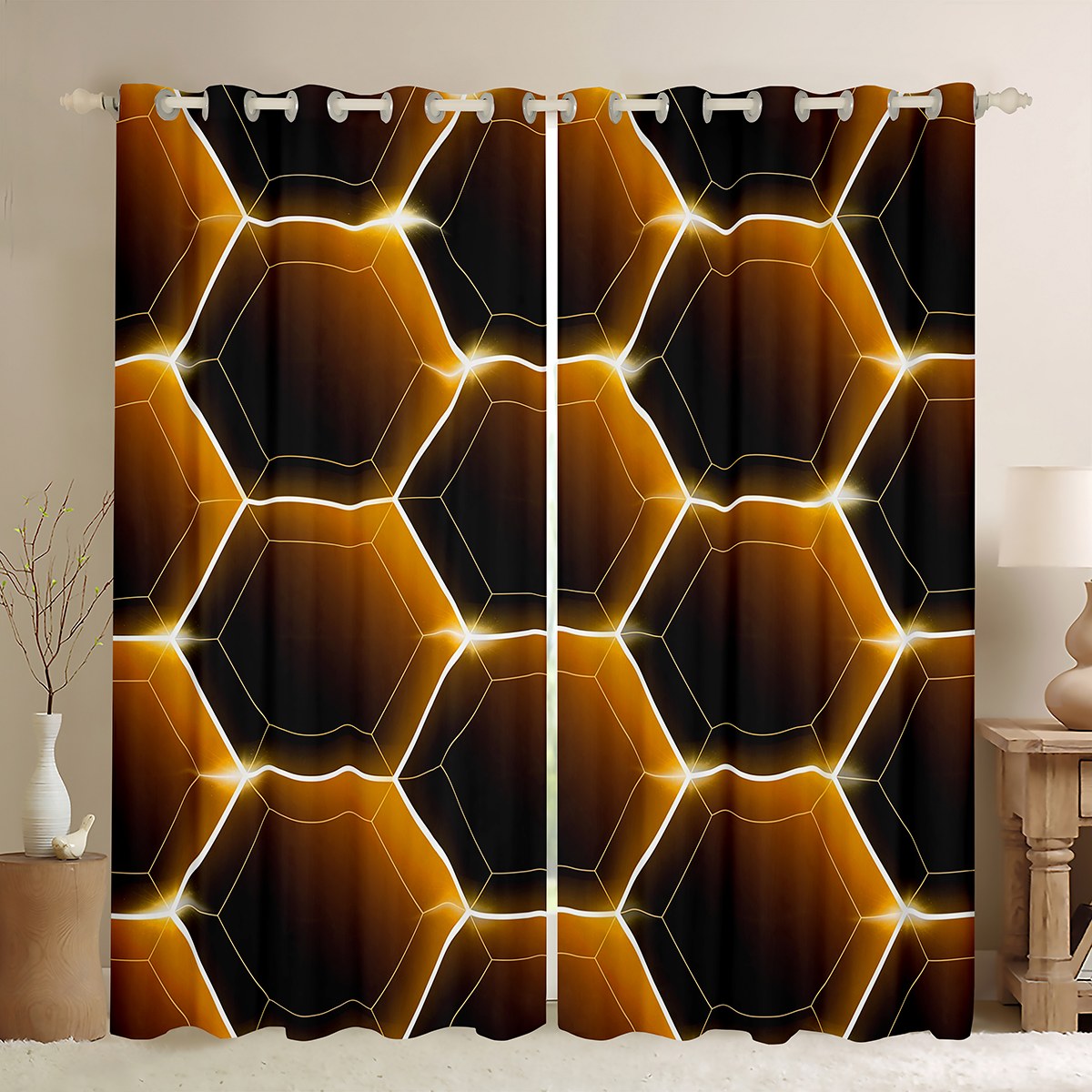 Honeycomb Blackout Curtains 2 Panels 38"Wx54"L 3D Stereoscopic Black and Orange Hexagon Curtains ...