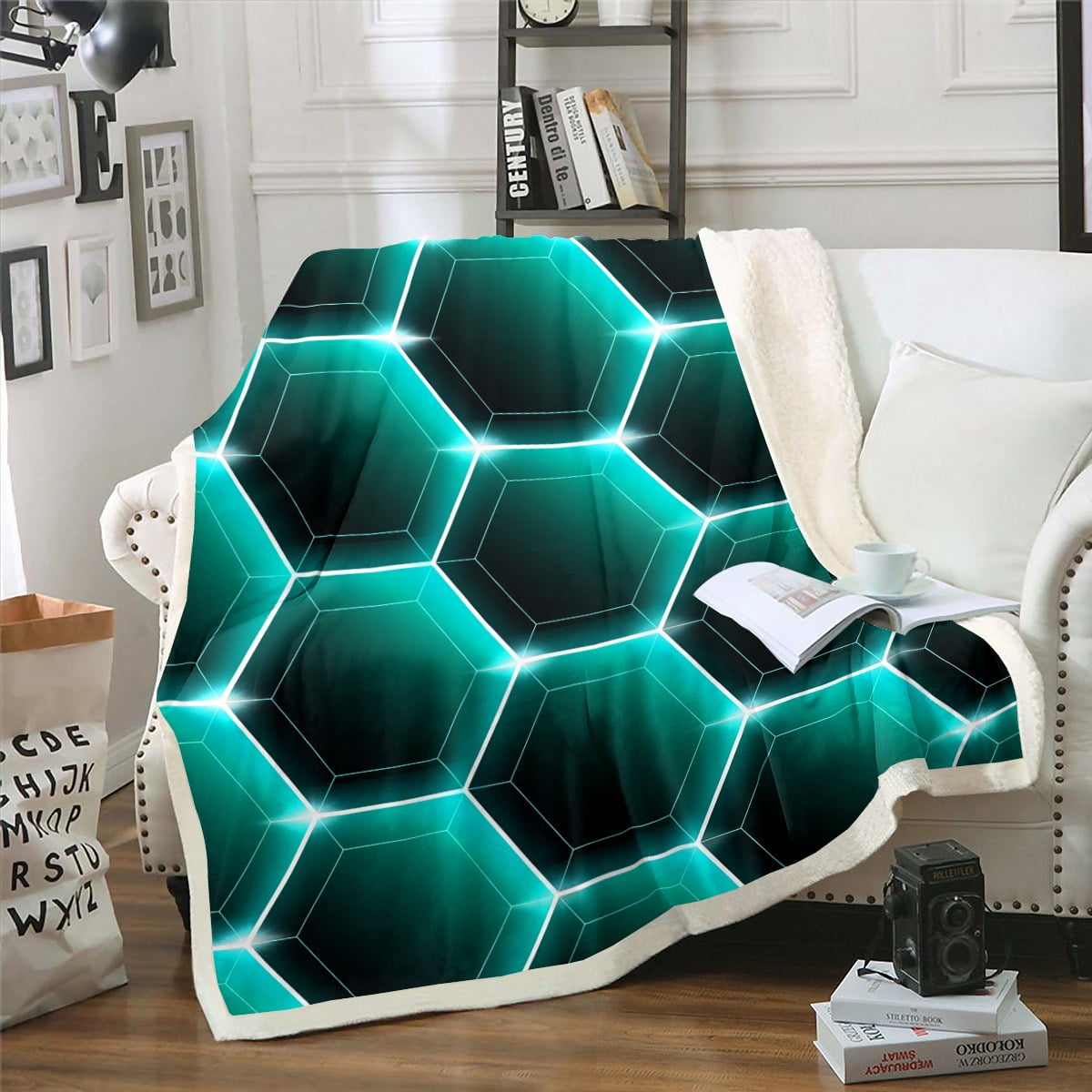 Honeycomb Blanket 30"x40" 3D Stereoscopic Black and Teal Hexagon Throw Blanket Geometric ...