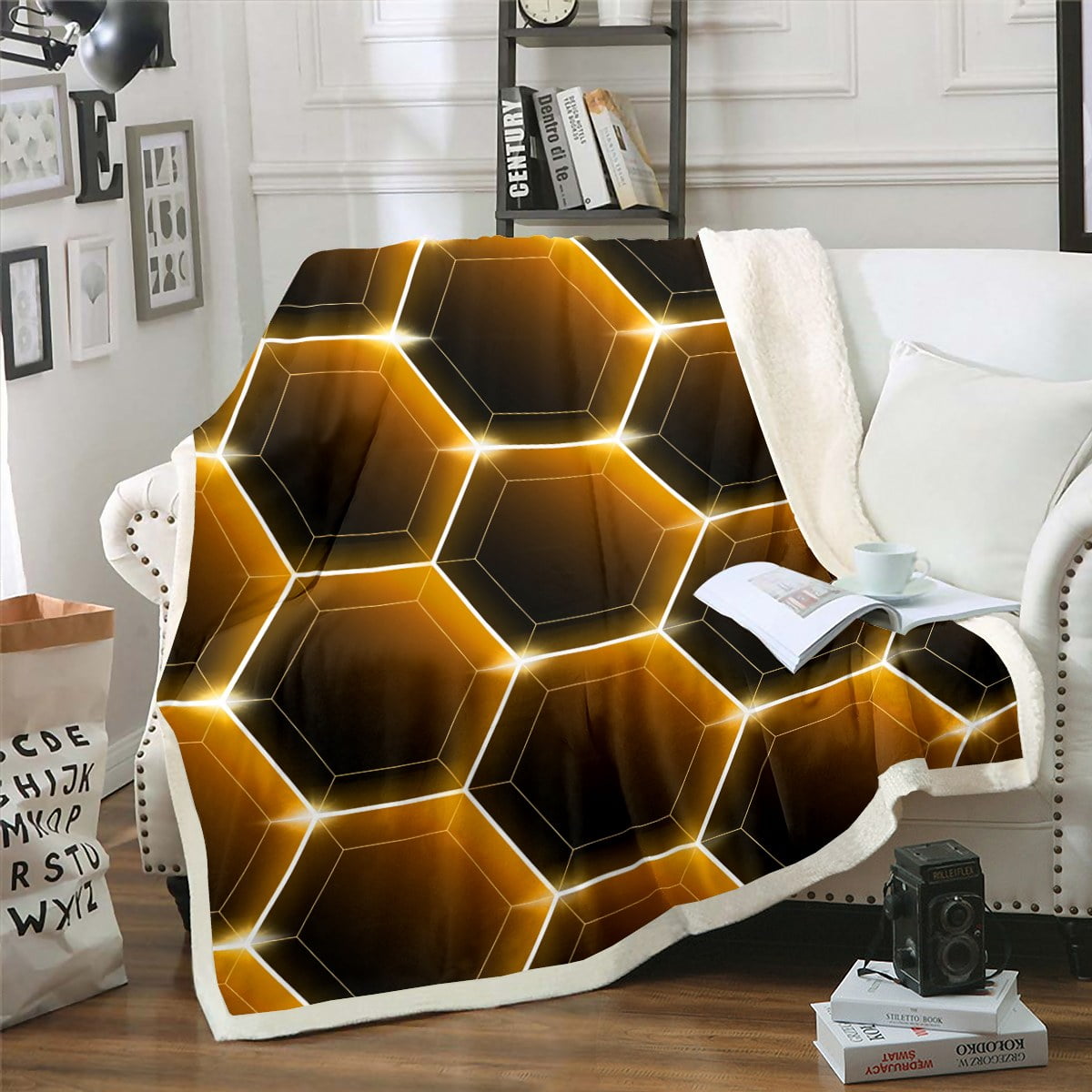 Honeycomb Blanket 40"x50" 3D Stereoscopic Black and Orange Hexagon ...