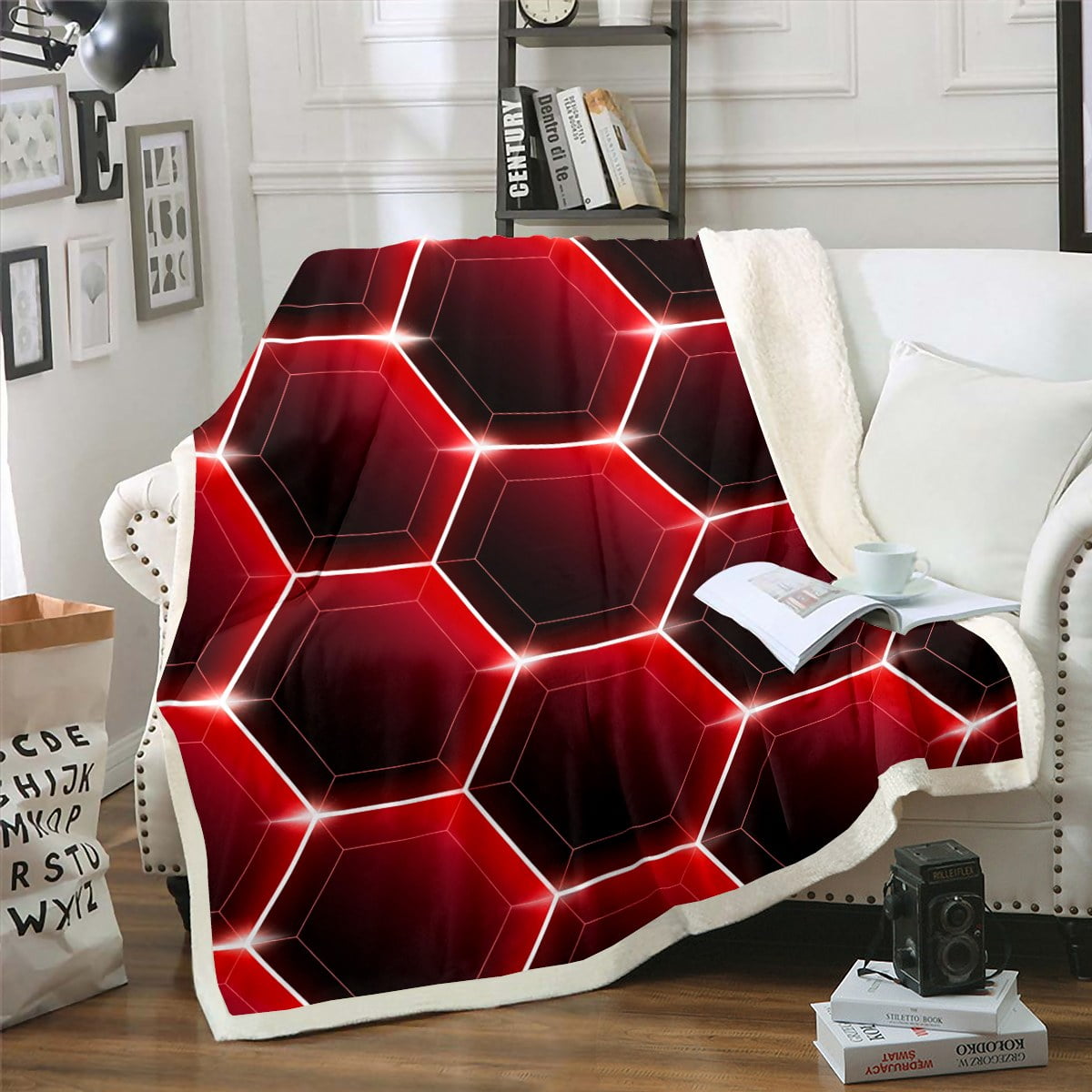 Honeycomb Blanket 60"x80" 3D Stereoscopic Black and Red Hexagon Throw Blanket Geometric ...