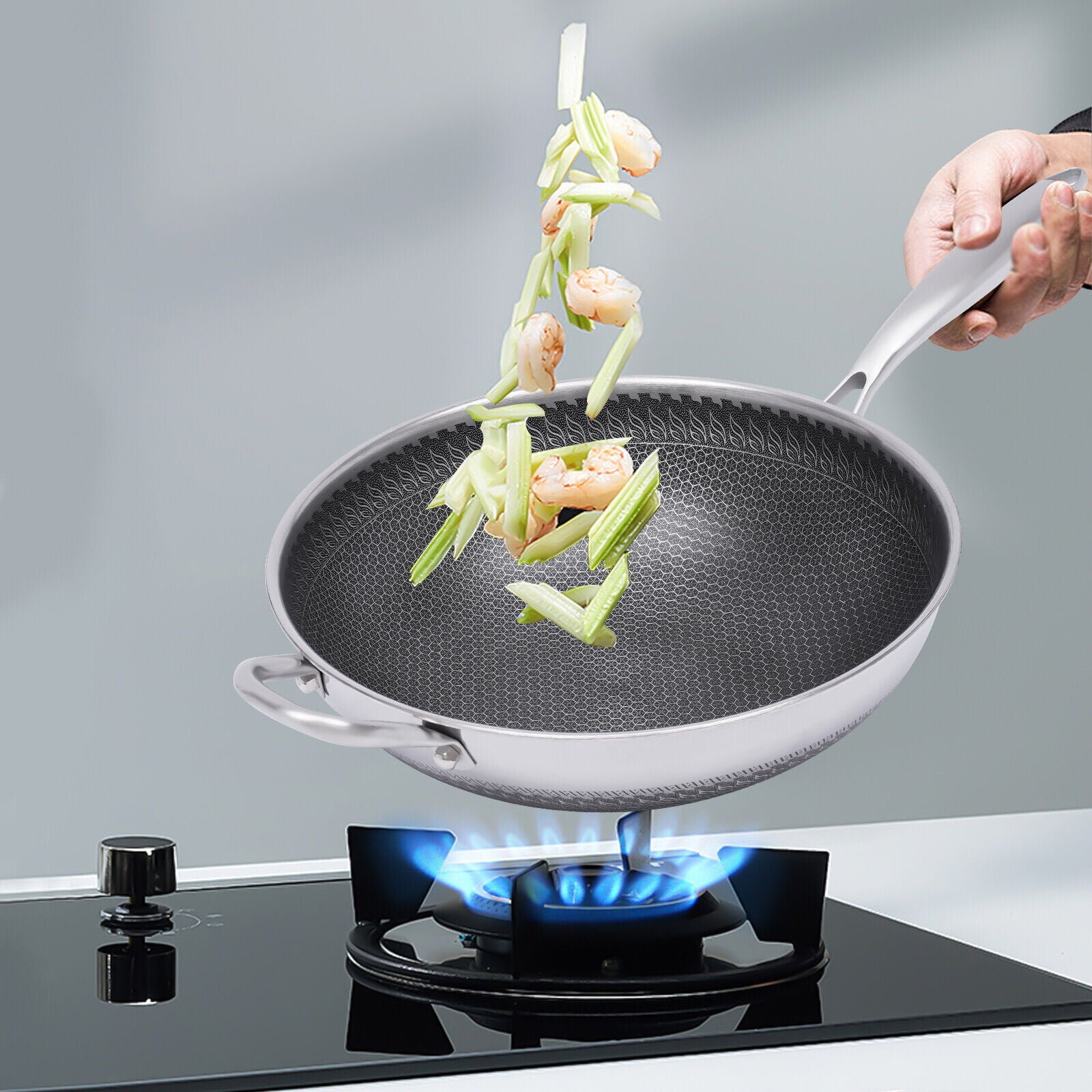 Honeycomb Coating Stainless Steel 12 inch Wok Pan with Lid Woks & Stir ...