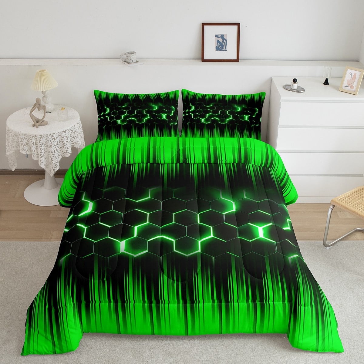 Honeycomb Comforter Set Full Neon Green and Black Geometric Bedding Set ...