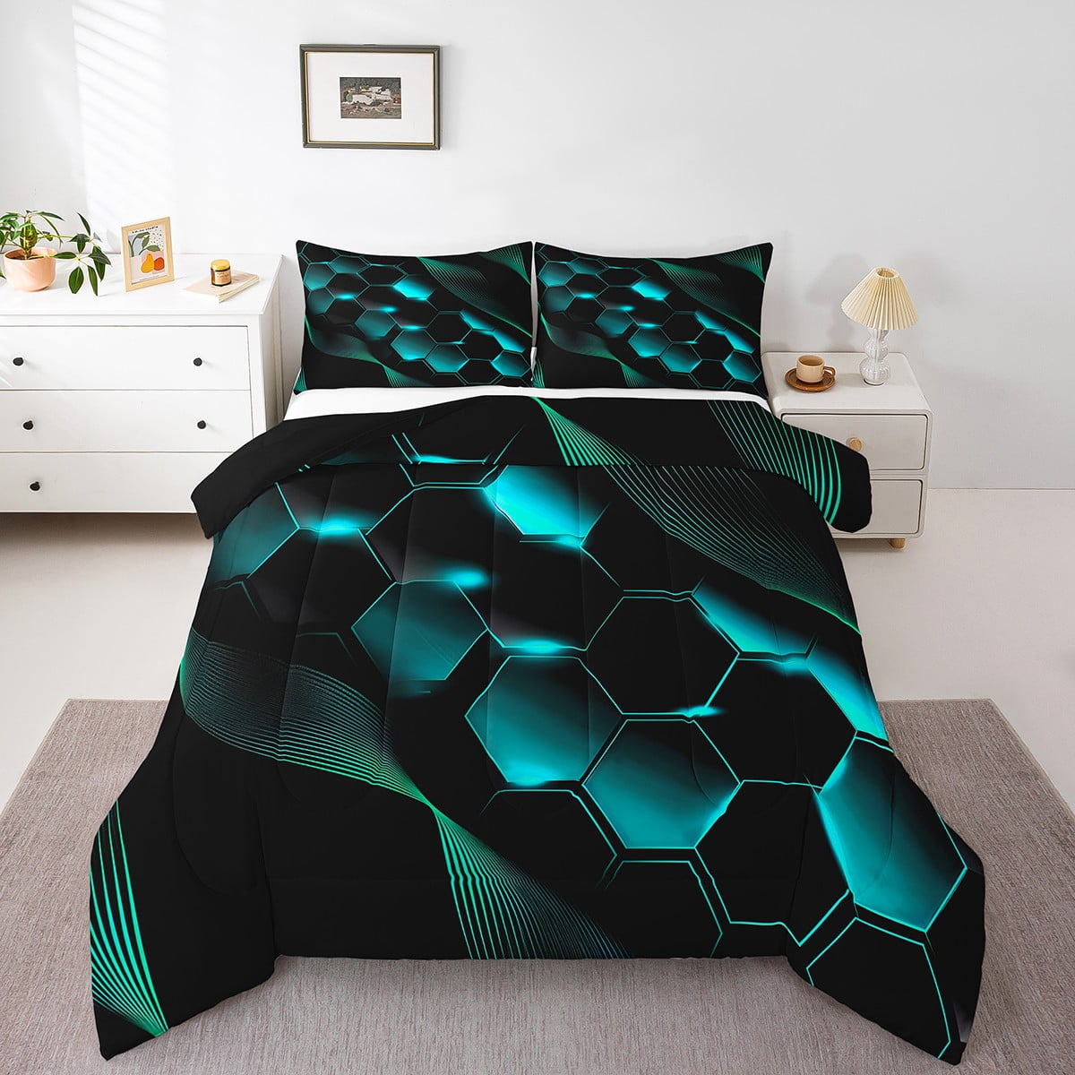 Honeycomb Comforter Set Twin Size,Neon Lights Mint Green Black Down Comforter for Boys Men Kids ...