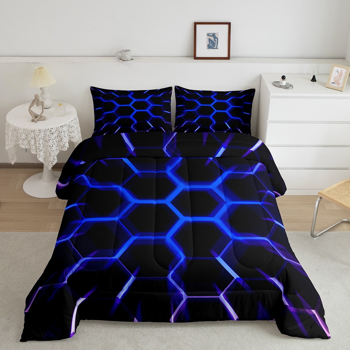 Honeycomb Comforter Set Black Blue 3D Geometric Beehive Hexagon Bedding ...