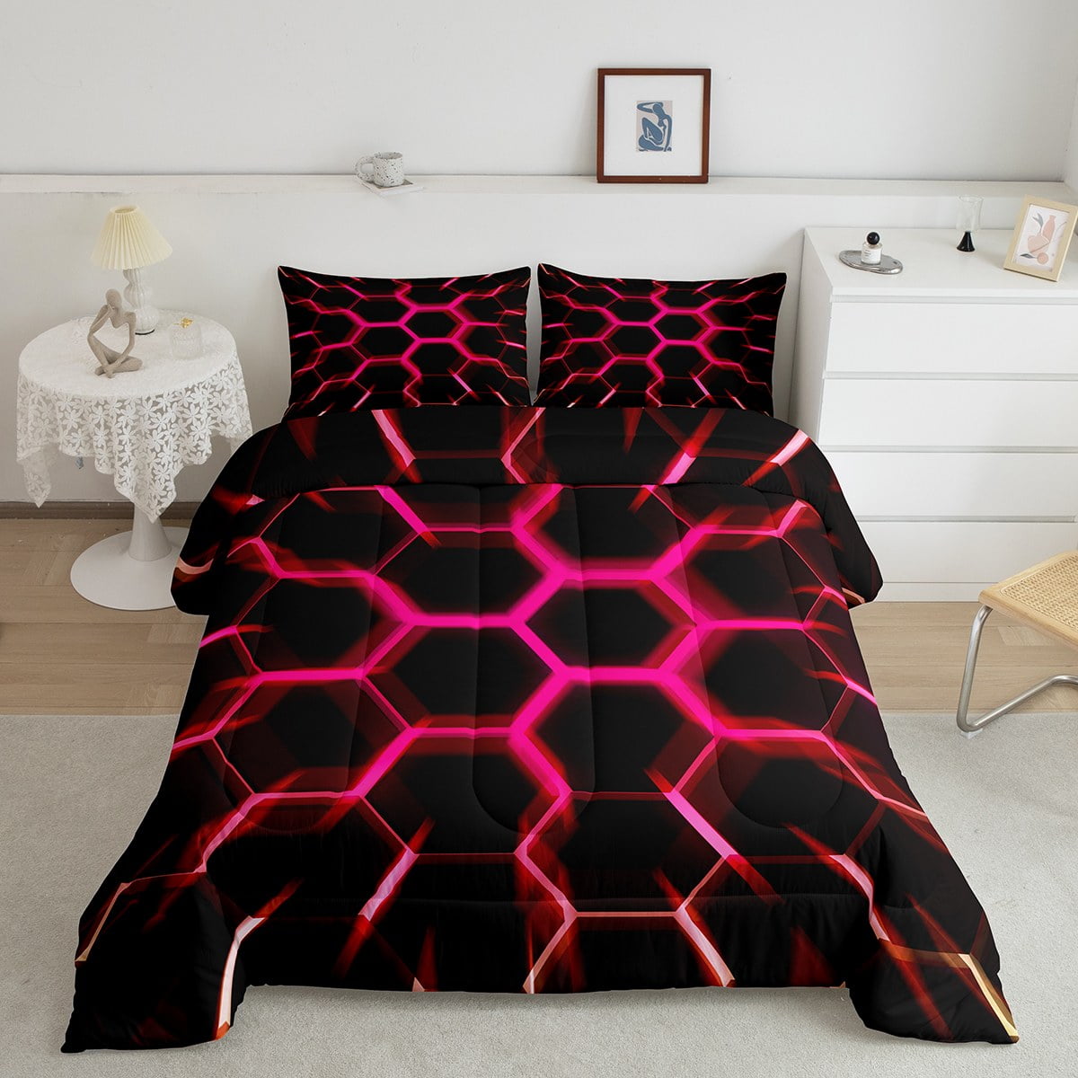 Honeycomb Comforter Set Black Pink Geometric Hexagonal Pattern Gamer ...