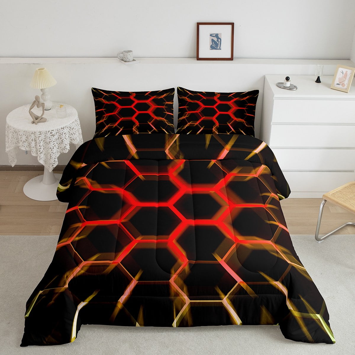 Honeycomb Comforter Set King Black Red Geometric Hexagonal Print Gamer ...
