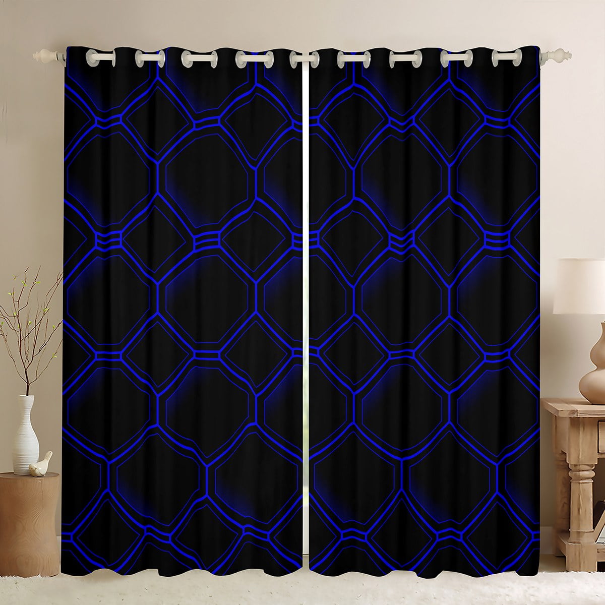 Honeycomb Curtains 2 Panels 42"Wx63"L,3D Stereoscopic Black and Blue Hexagon Curtains & Drapes ...