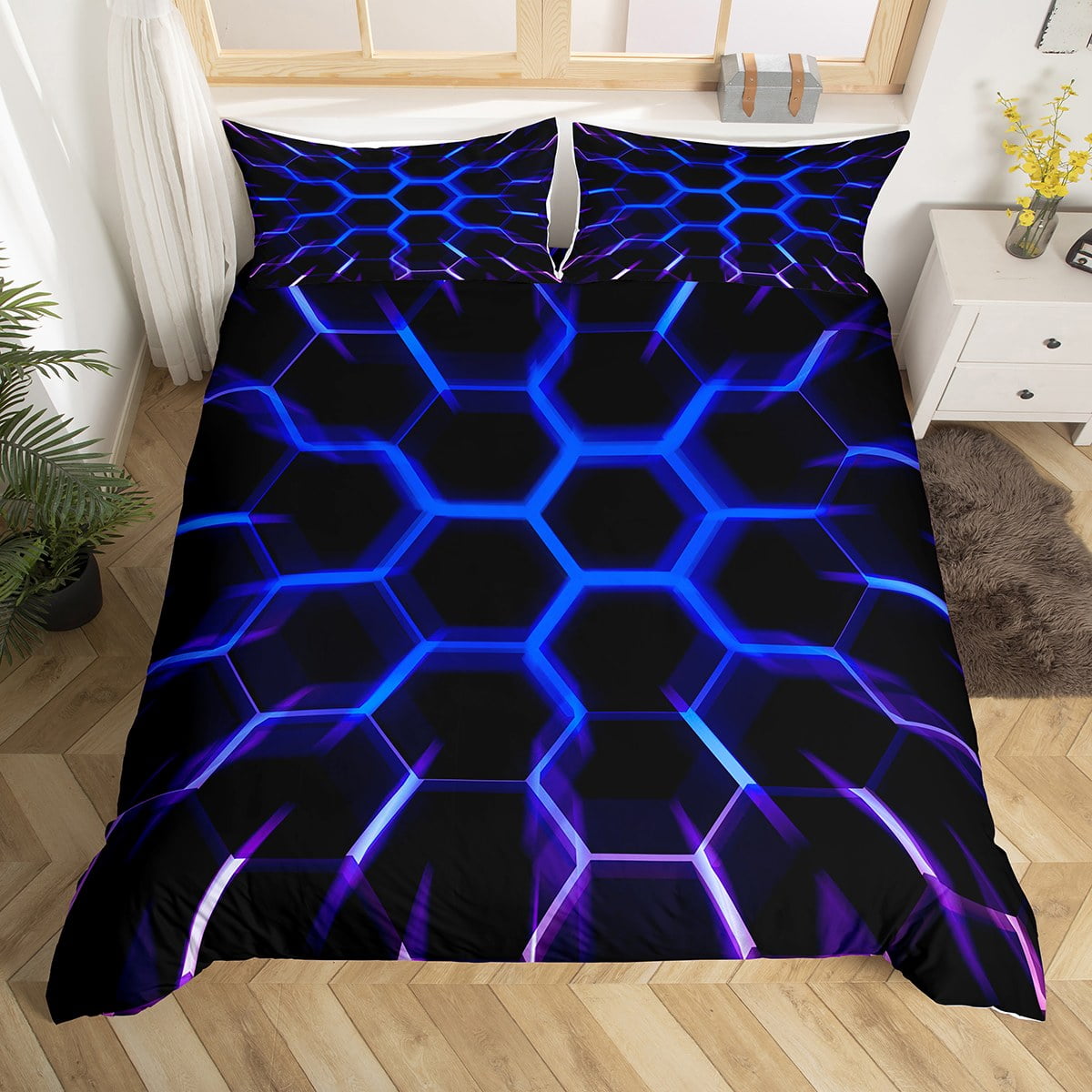 Honeycomb Duvet Cover Black Blue 3D Geometric Beehive Hexagon Bedding ...