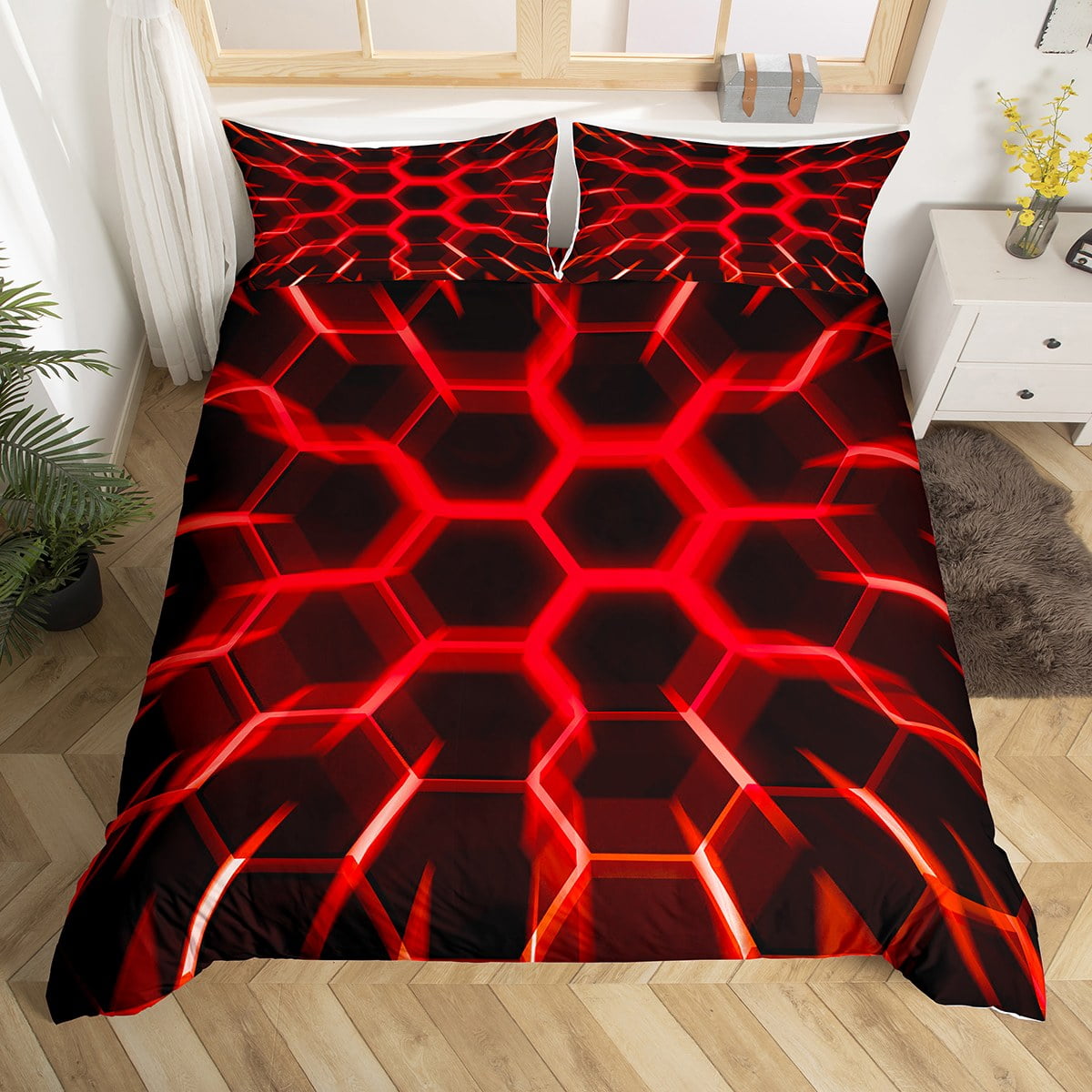 Honeycomb Duvet Cover Black Red Geometric Hexagonal Pattern Gamer Twin ...