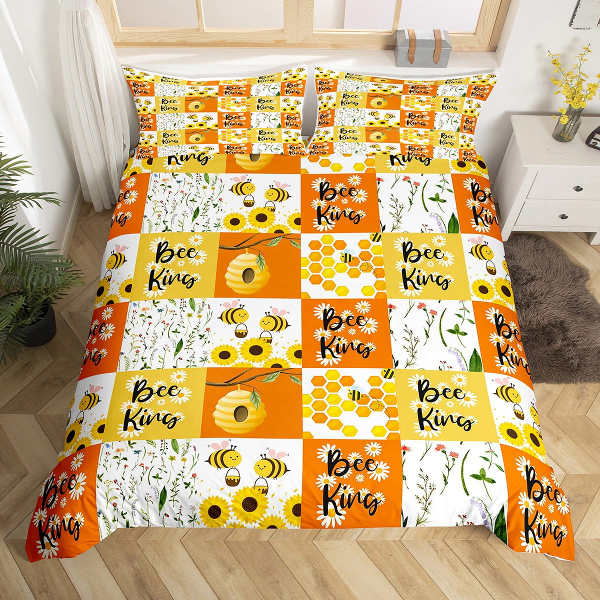 Honeycomb Duvet Cover Full Bee Flowers Bedding Set for Kids Child Girls Wild Animal Comforter ...