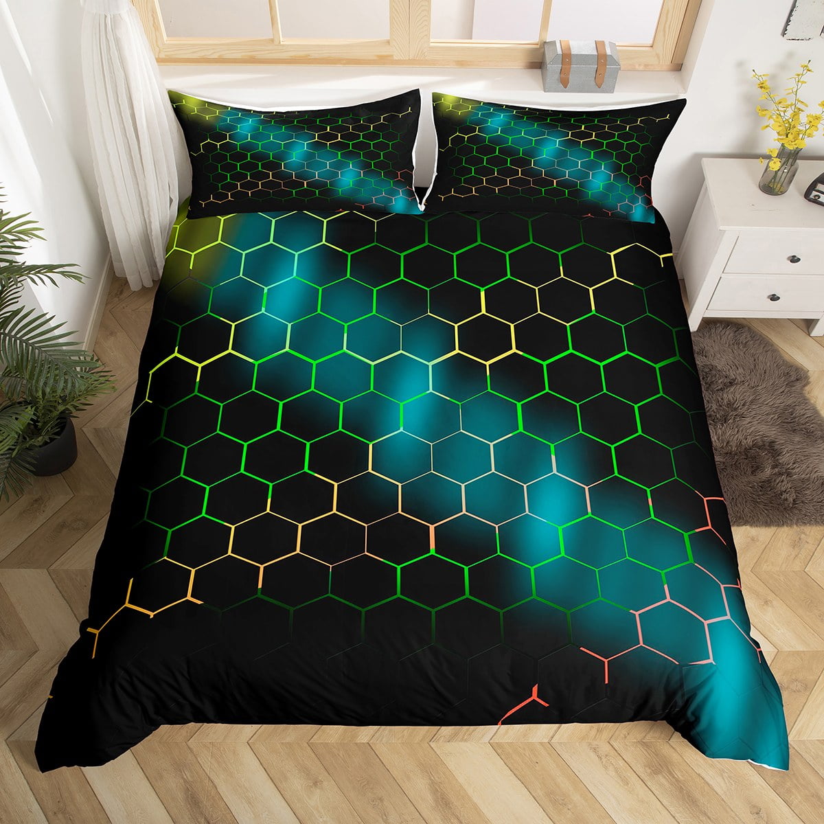 Honeycomb Duvet Cover King Black Teal 3D Hexagon Geometrical Pattern ...