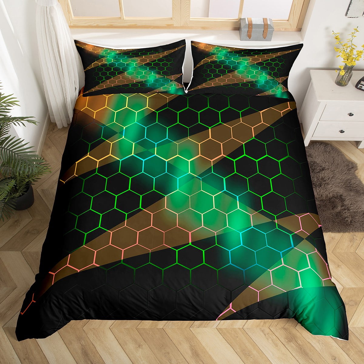 Honeycomb Duvet Cover Queen Size Black Green 3D Geometric Beehive ...