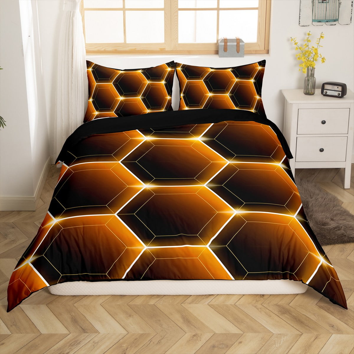 Honeycomb Duvet Cover Twin Size 3D Stereoscopic Black and Orange ...
