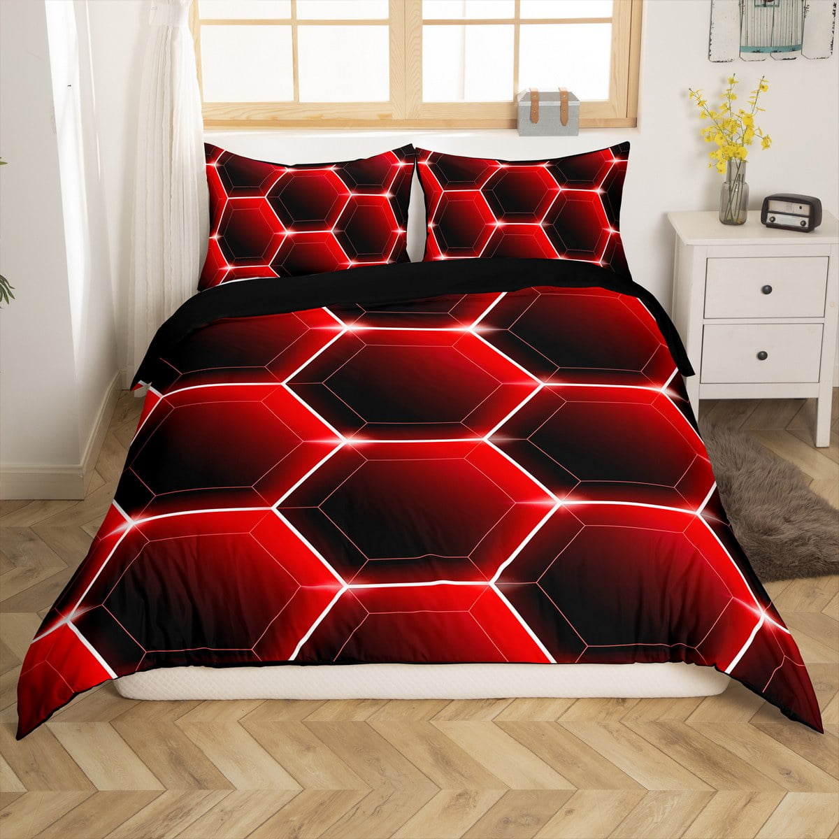 Honeycomb Duvet Cover Twin Size 3D Stereoscopic Black and Red Hexagon Bedding Sets Geometric ...