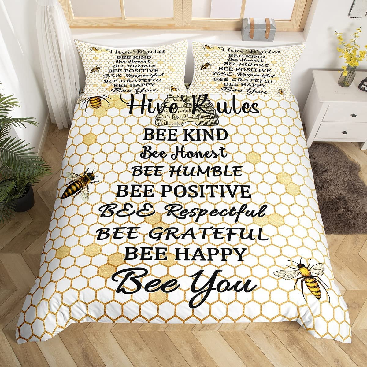 Honeycomb Duvet CoverBoys Girls Bee Kind Bee Honest Bedding Set Beehive Hexagon Geometry ...