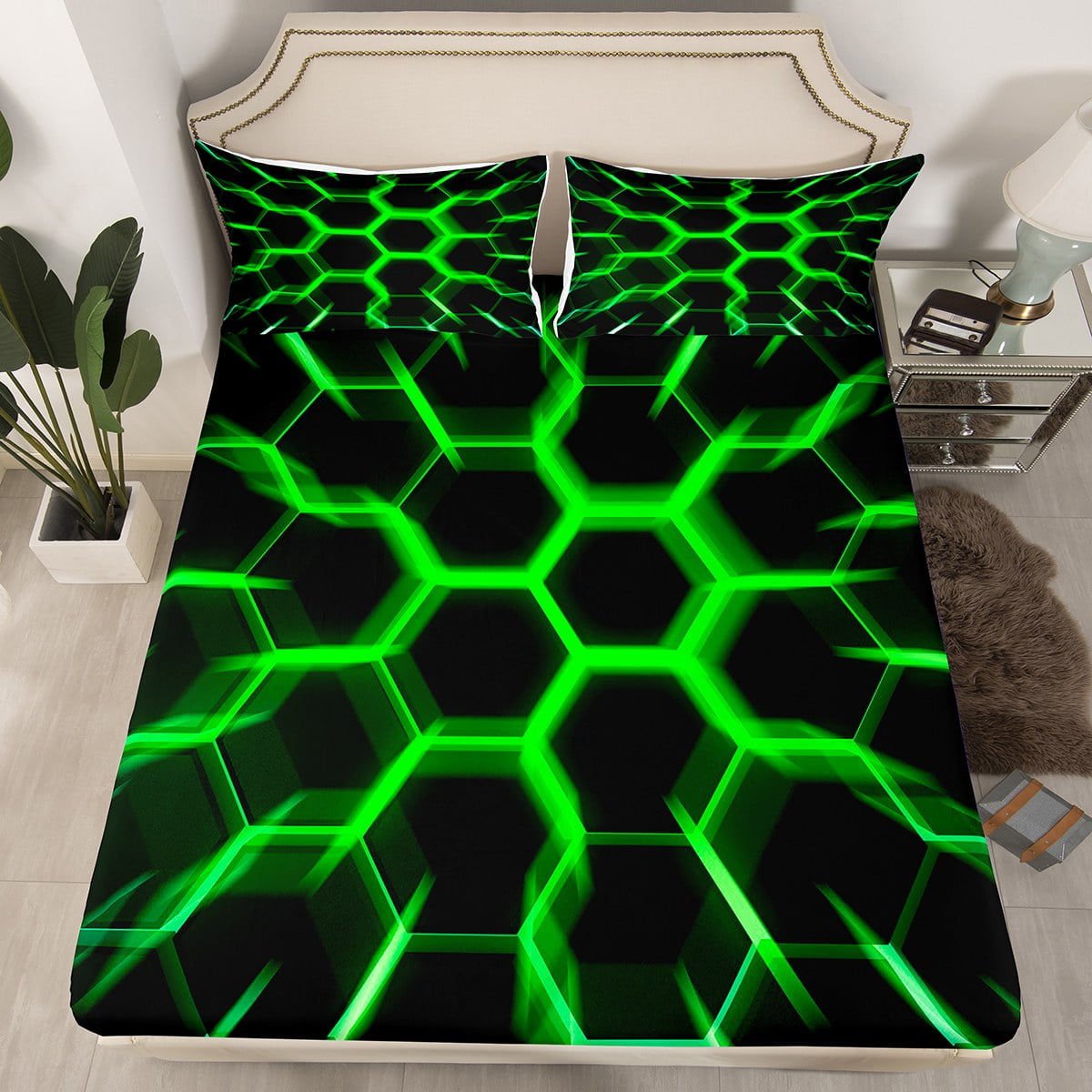 Honeycomb Fitted Sheet Black Green Geometric Hexagonal Bedding Set Men ...