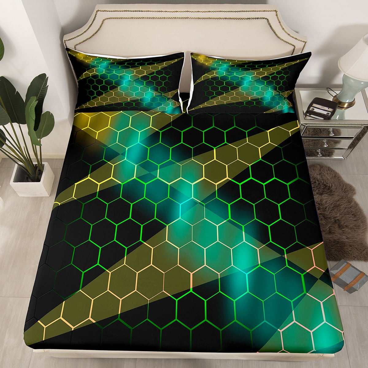 Honeycomb Fitted Sheet Black Teal Geometric Hexagonal Pattern Gaming ...