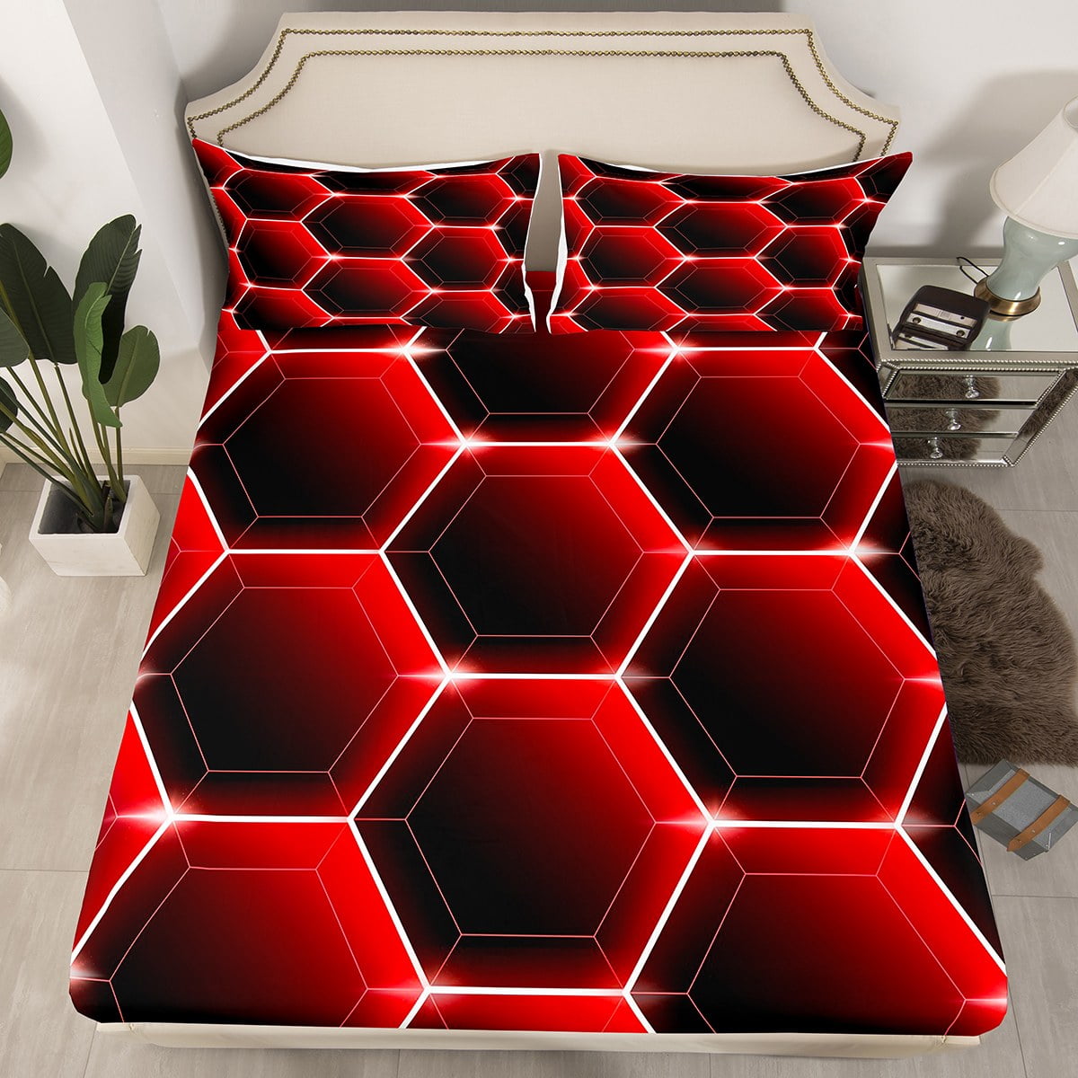 Honeycomb Fitted Sheet Full Size 3D Stereoscopic Black and Red Hexagon Bed Sheets Geometric ...