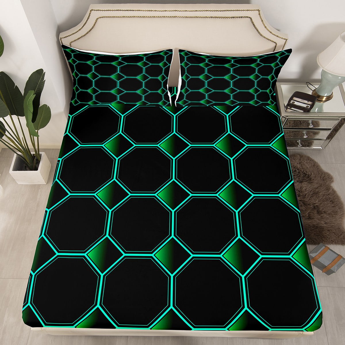 Honeycomb Fitted Sheet Full Size Geometric Hexagonal Beehive Bed Sheets ...