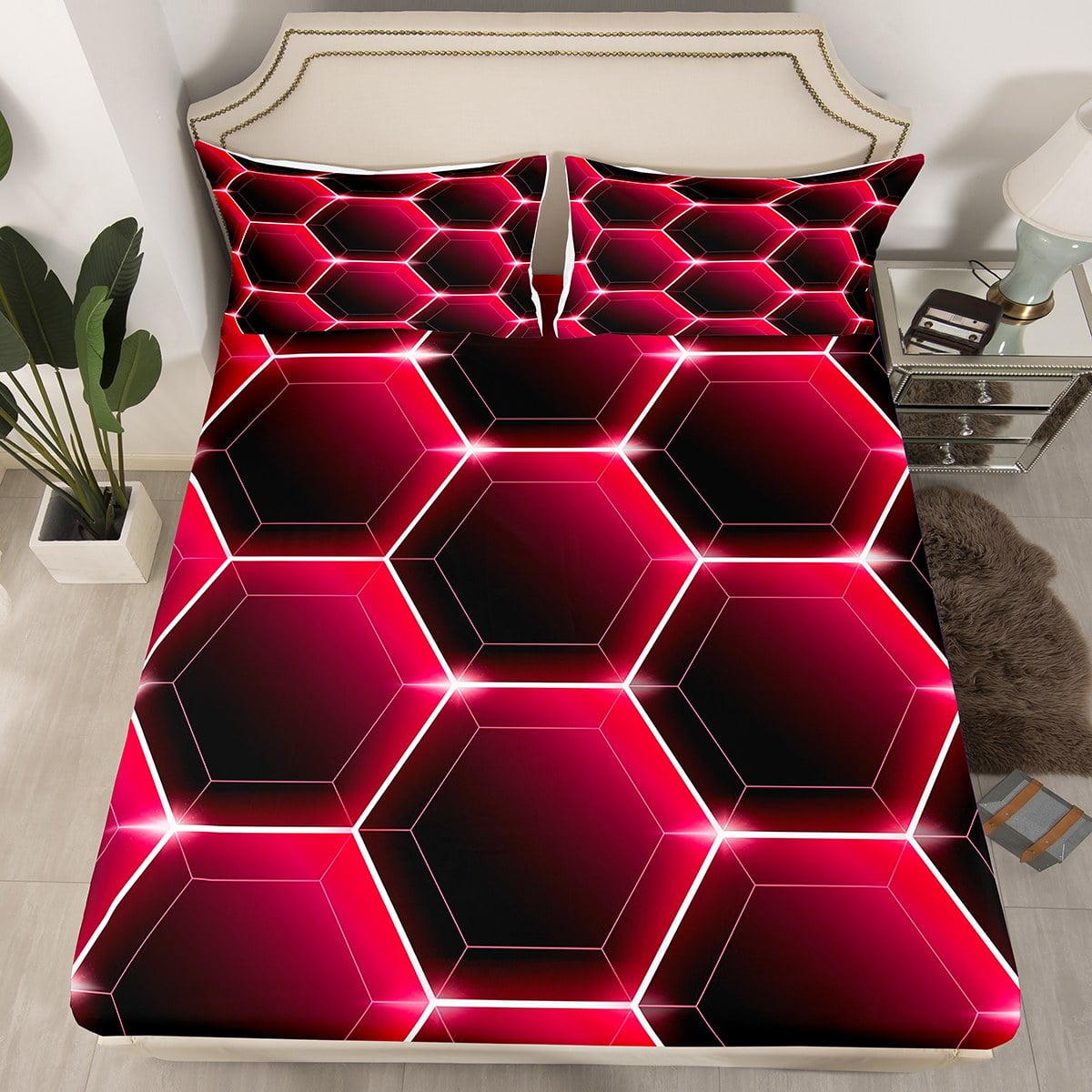 Honeycomb Fitted Sheet Queen Size 3D Stereoscopic Black and Magenta ...