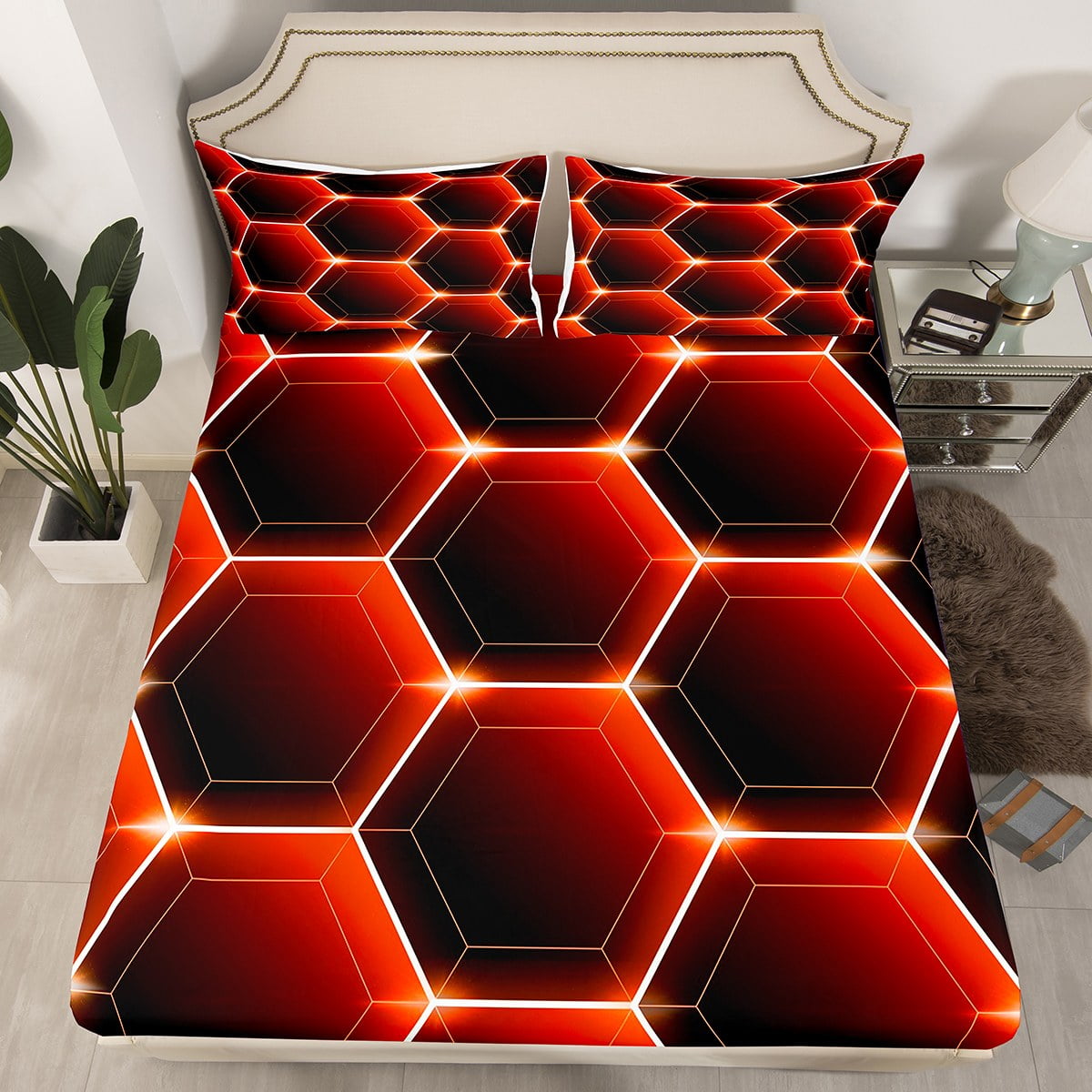 Honeycomb Fitted Sheet Queen Size 3D Stereoscopic Black Ruby Red ...
