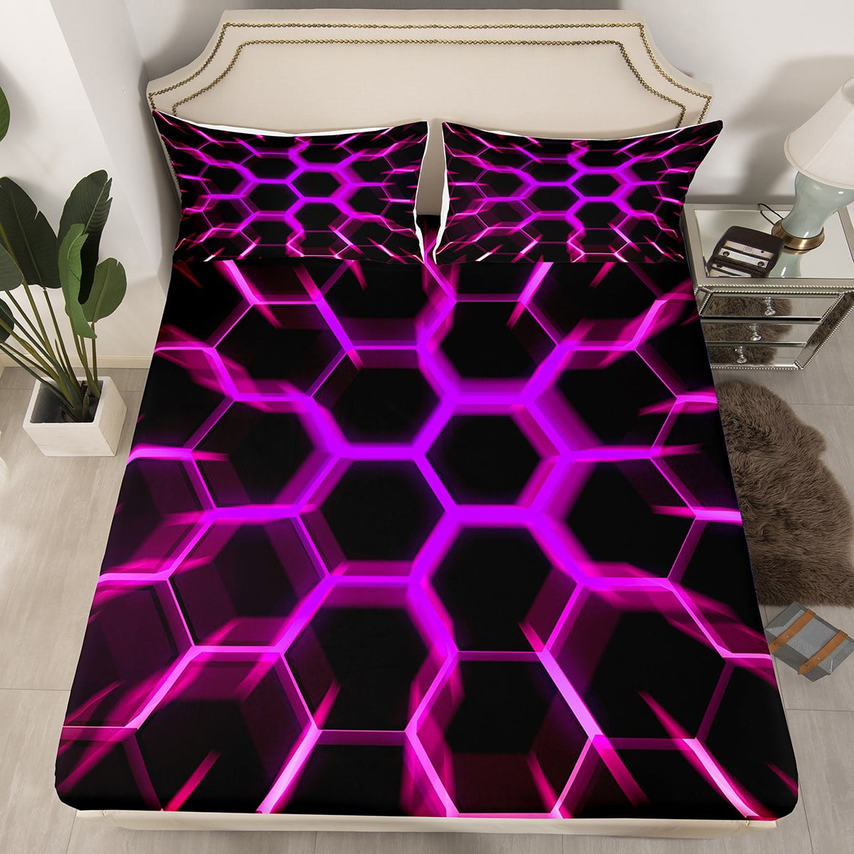 Honeycomb Fitted Sheet Queen Size Black Purple 3D Geometric Beehive ...
