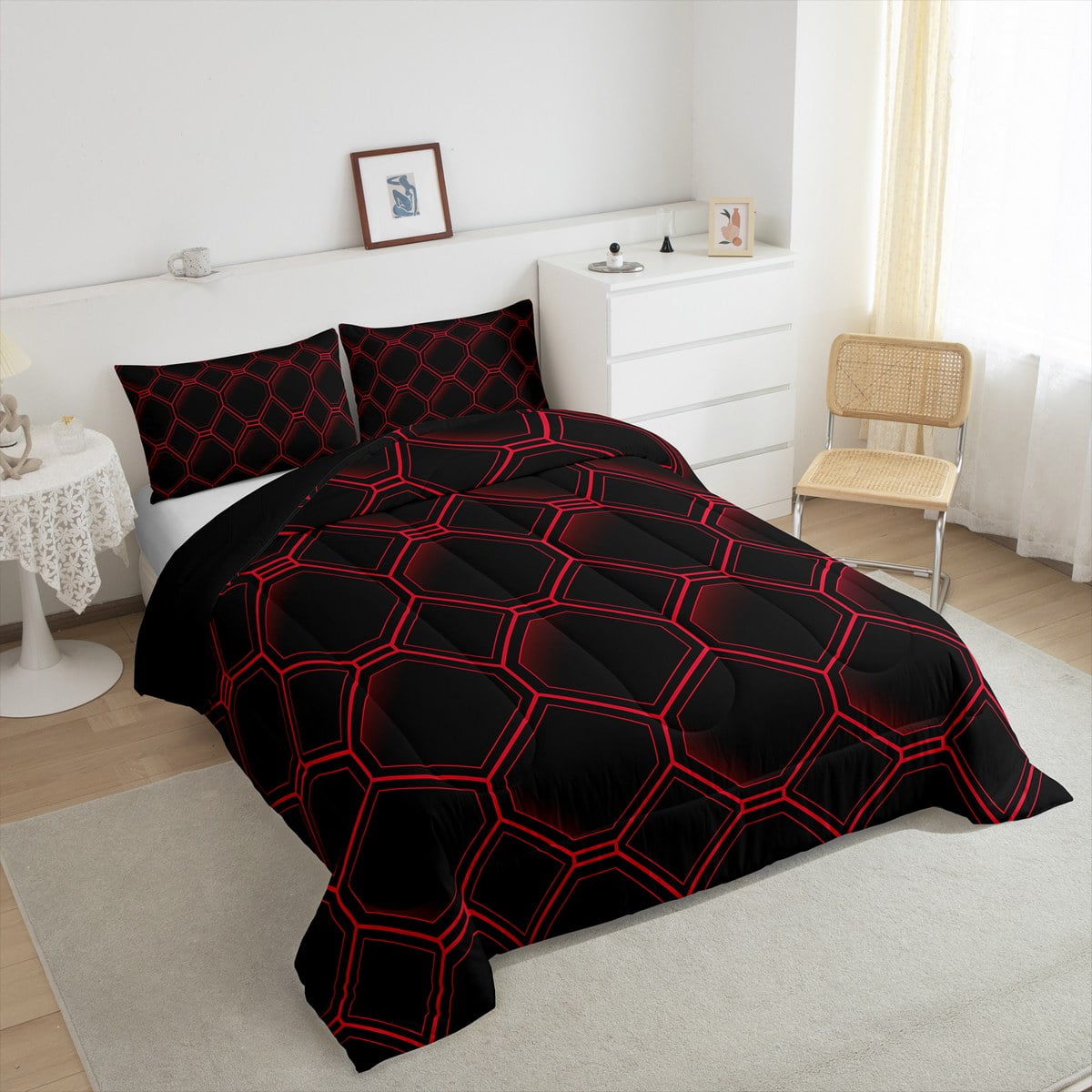Honeycomb Full Comforter Set,3D Stereoscopic Red and Black Hexagon ...