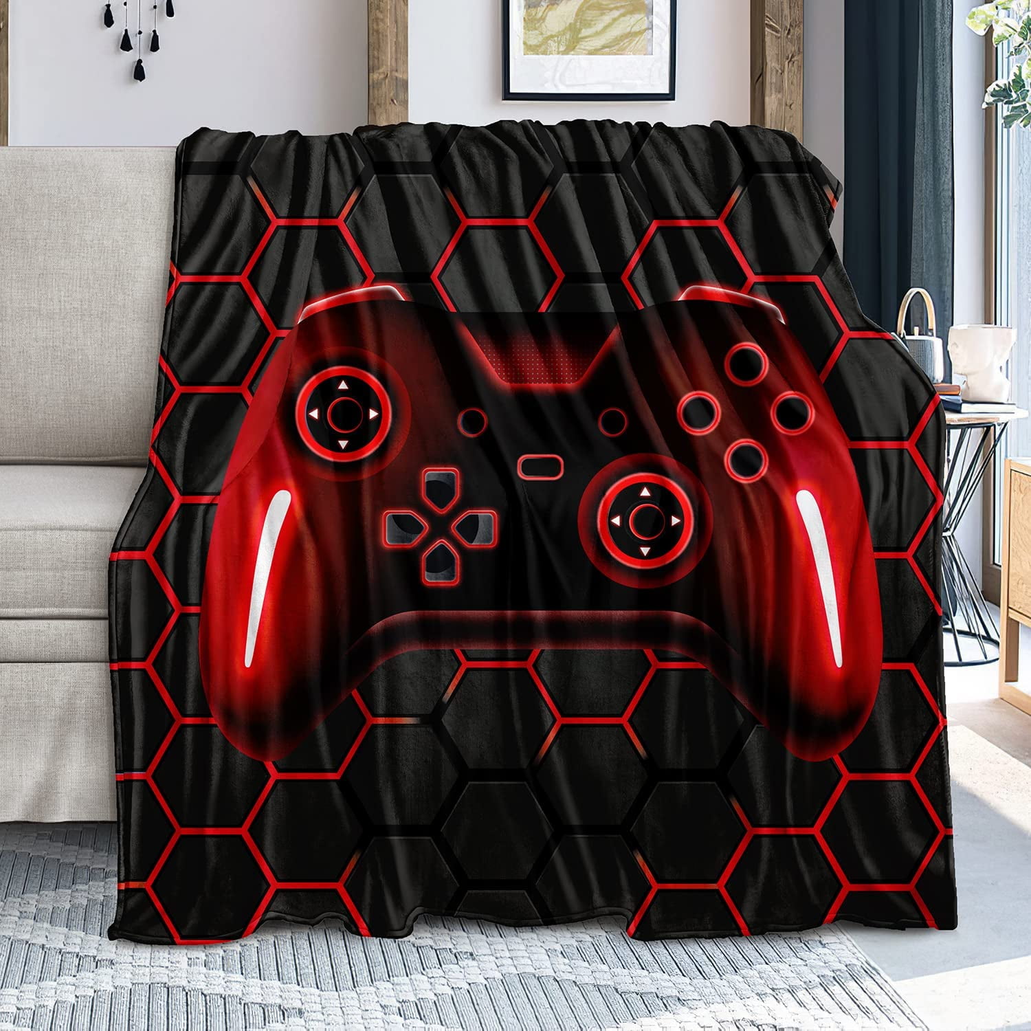 Honeycomb Gaming Blanket for Kids Teens,Red Gamer Throw Blanket with ...